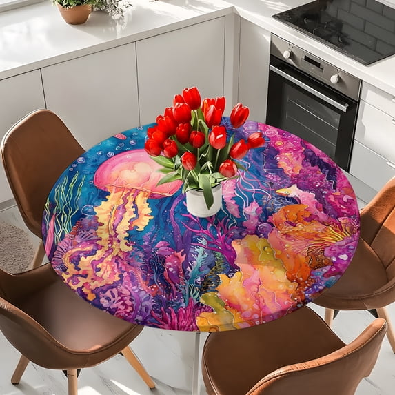 Dreamy Ocean Life Round Fitted Tablecloth with Elastic Edge,Waterproof ...