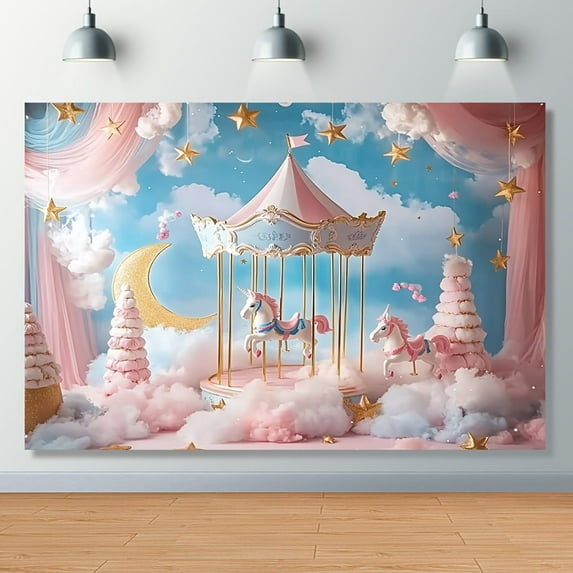 Dreamy Pink Carousel Baby Shower Backdrop Pastel Pink Curtain Birthday ...