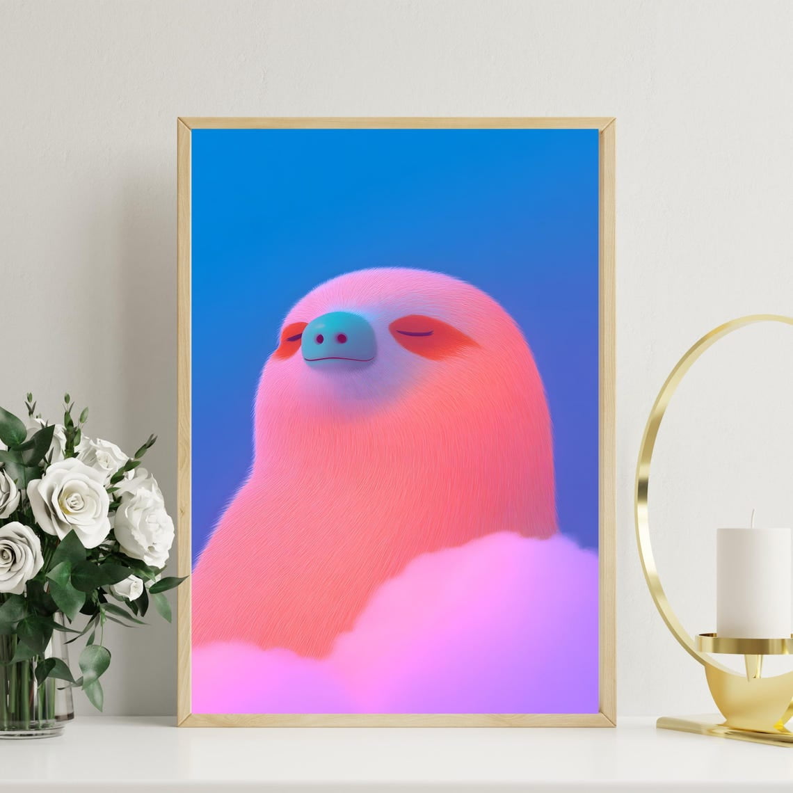 Dreamy Pink Sloth Poster, Adorable Slothwhimsical Animal Pastel Sloth ...