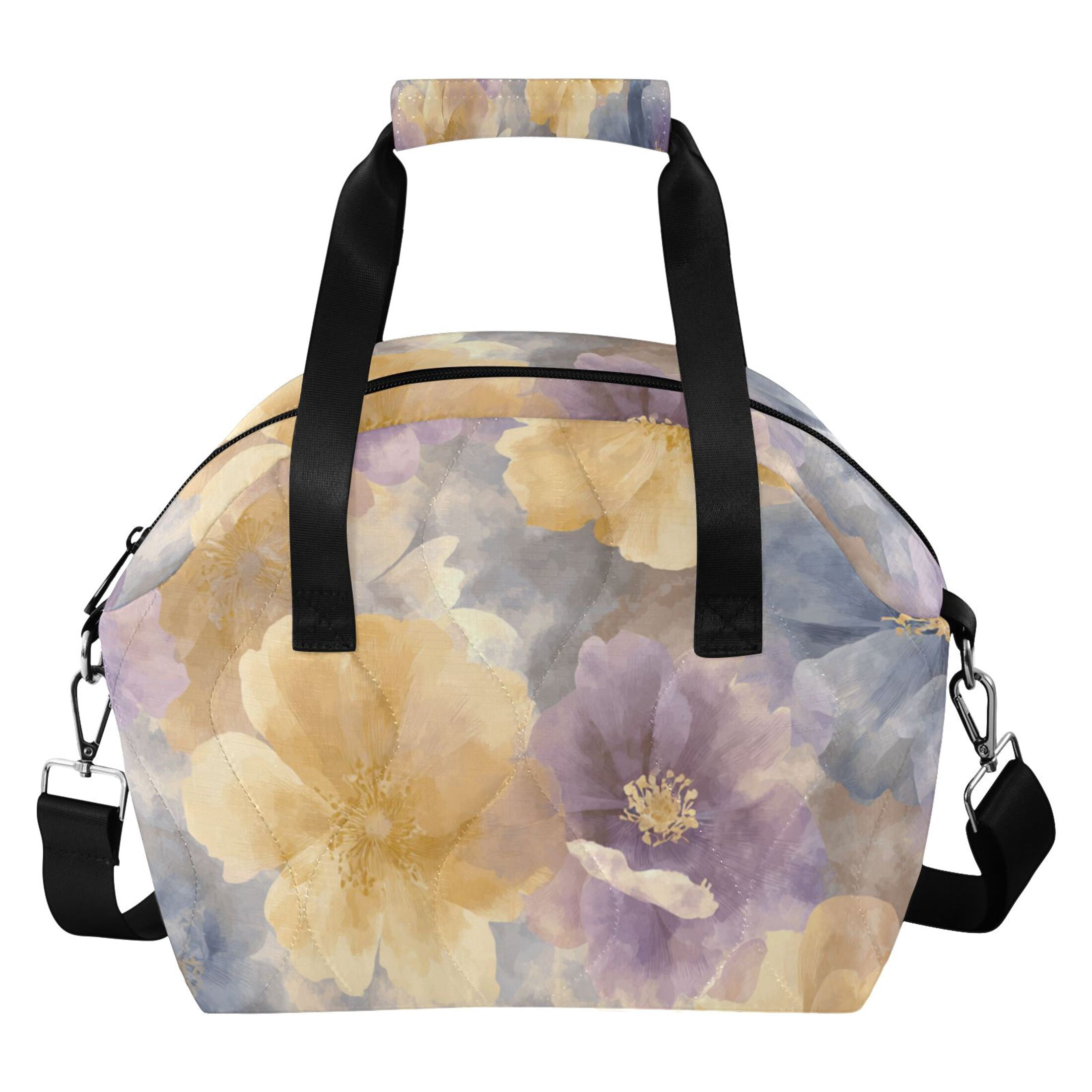 Dreamy Purple Blue Yellow Flowers Insulated Lunch Bag Reusable Quilted ...