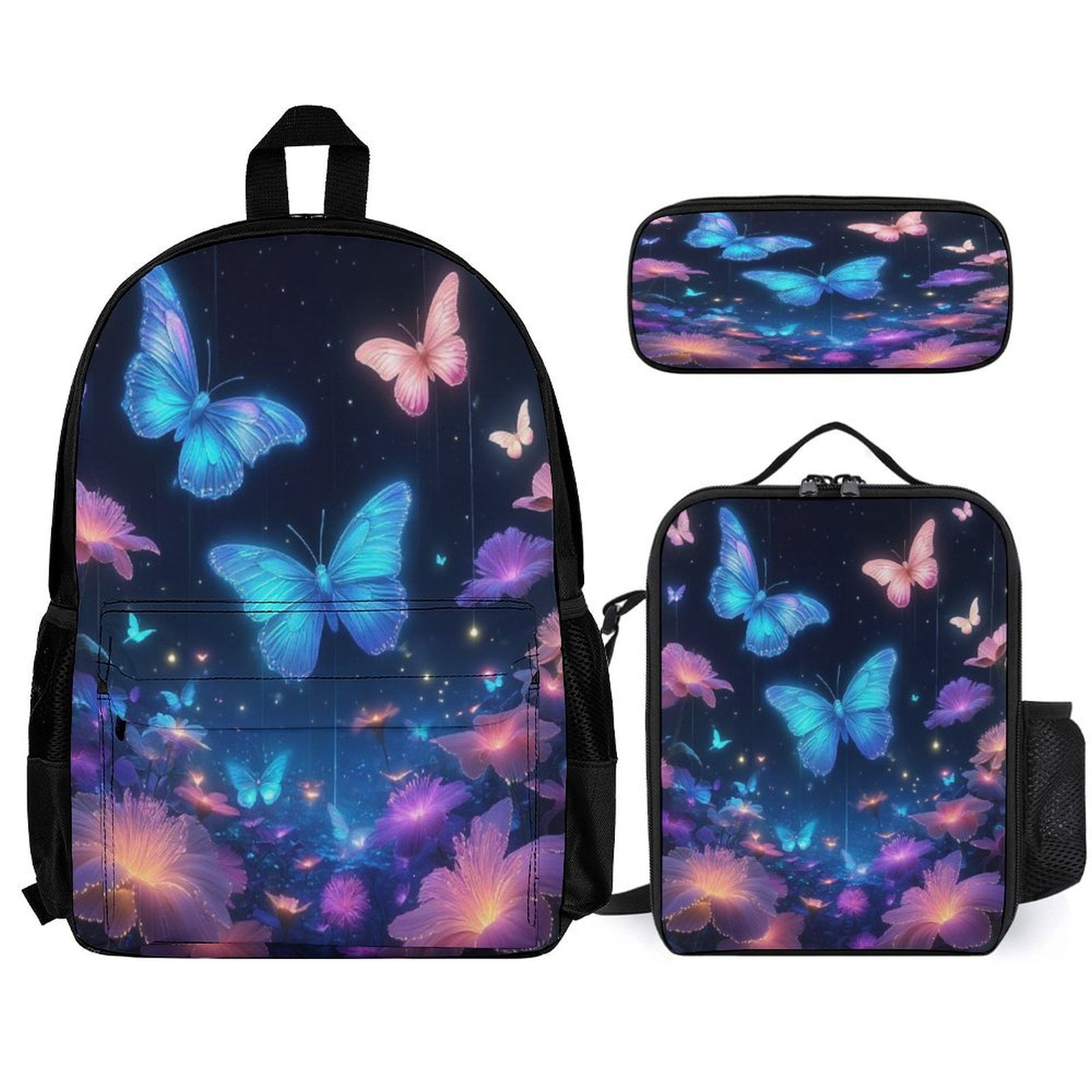 Dreamy Purple Butterfly Pattern (23)-2 Backpack 3 Pieces with Lunch Box ...