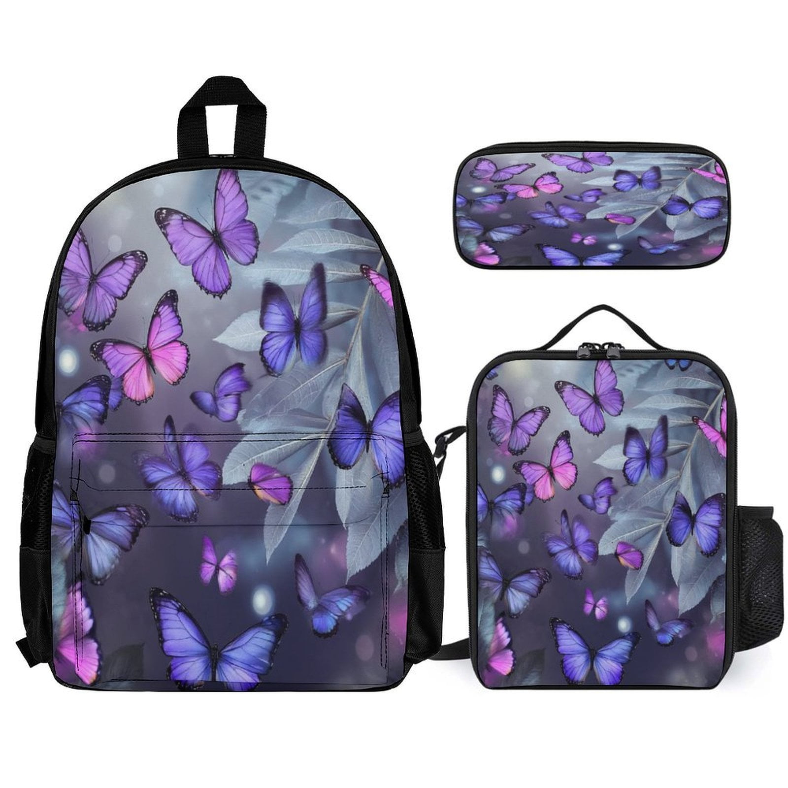Dreamy Purple Butterfly Pattern (99)-1 Backpack 3 Pieces with Lunch Box ...