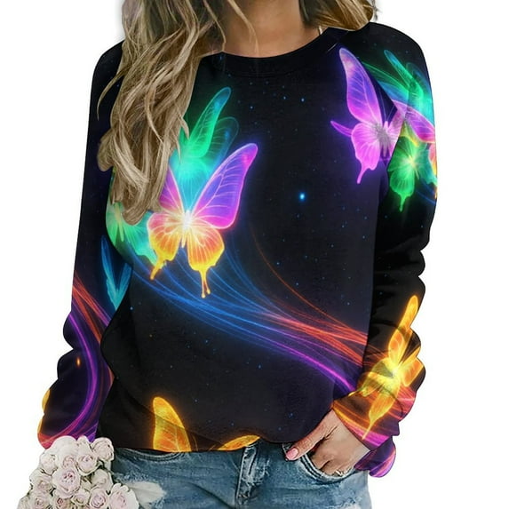 Dreamy Purple Butterfly Pattern Hoodie Round Neck Long Sleeve Cute ...