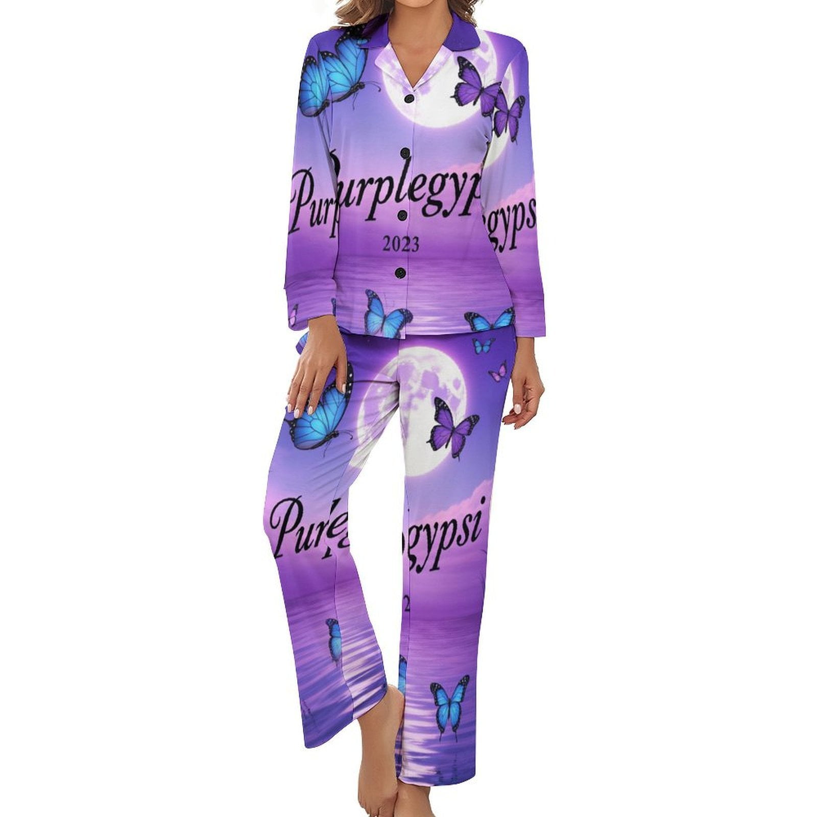 Dreamy Purple Butterfly Pattern Pajamas Woman Vintage Pajamas Set 2 ...
