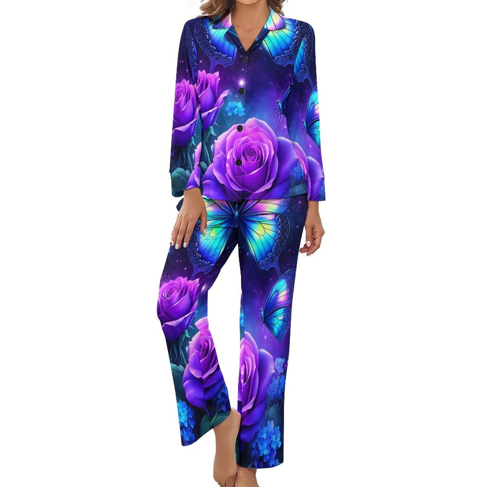 Dreamy Purple Butterfly Pattern Pajamas Woman Vintage Pajamas Set 2 ...