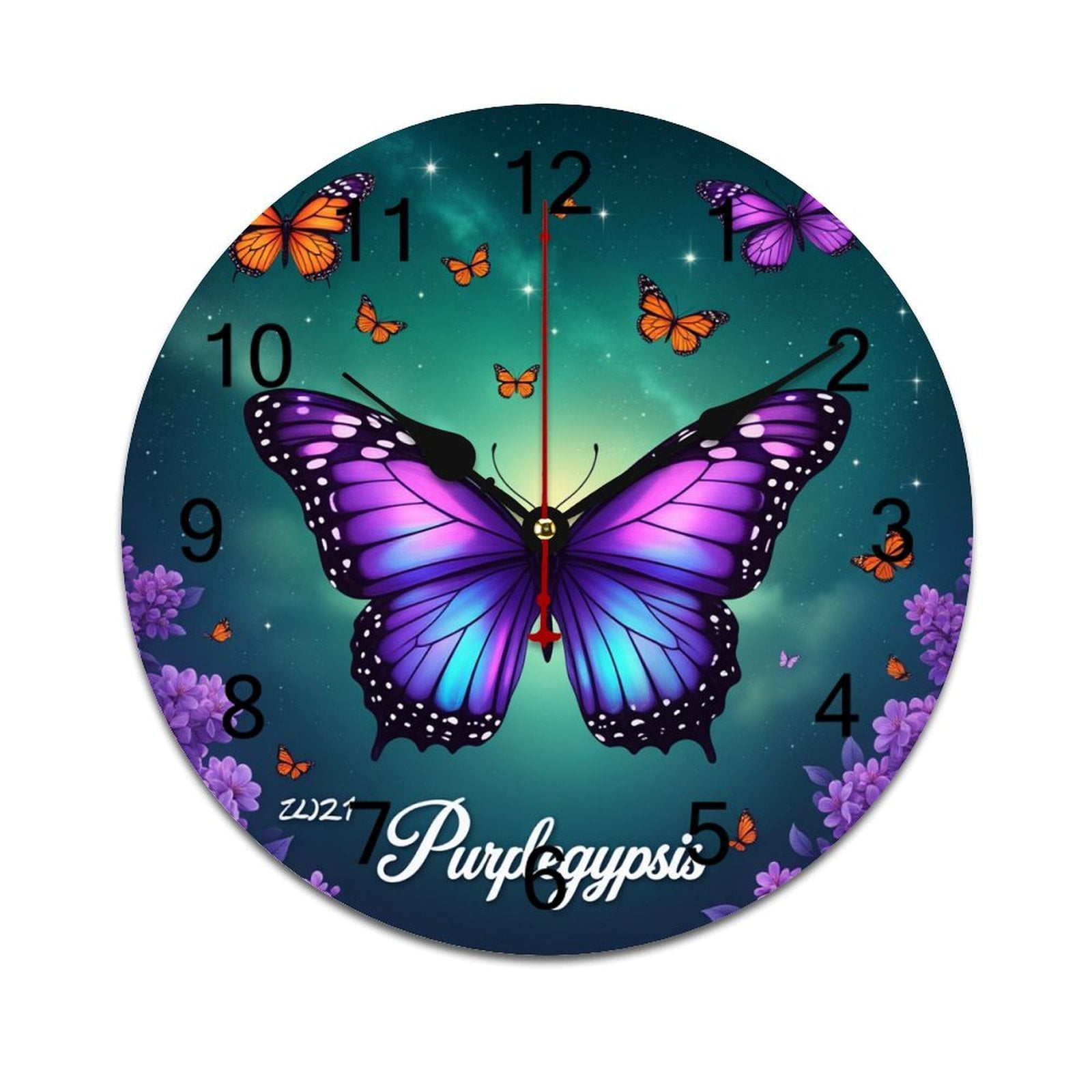 Dreamy Purple Butterfly Pattern Printed Silent Wall Clock Round Kitchen ...
