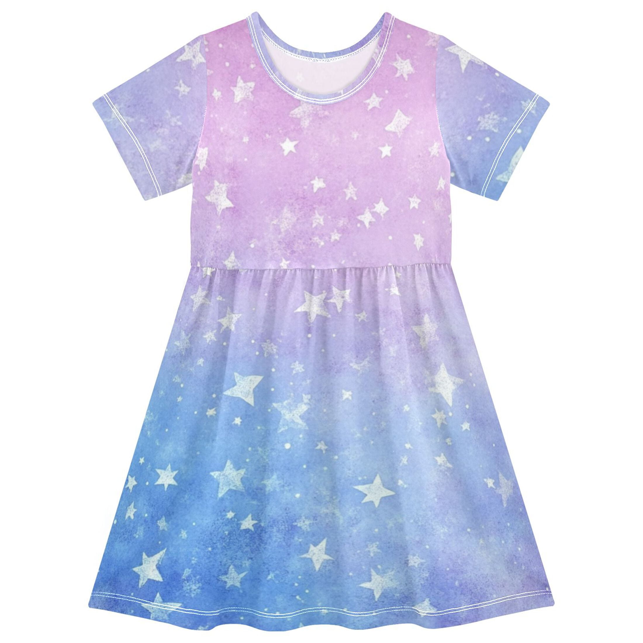 Dreamy Sky with Many Stars Girls' Short Sleeve Dress A-Line One-Piece ...