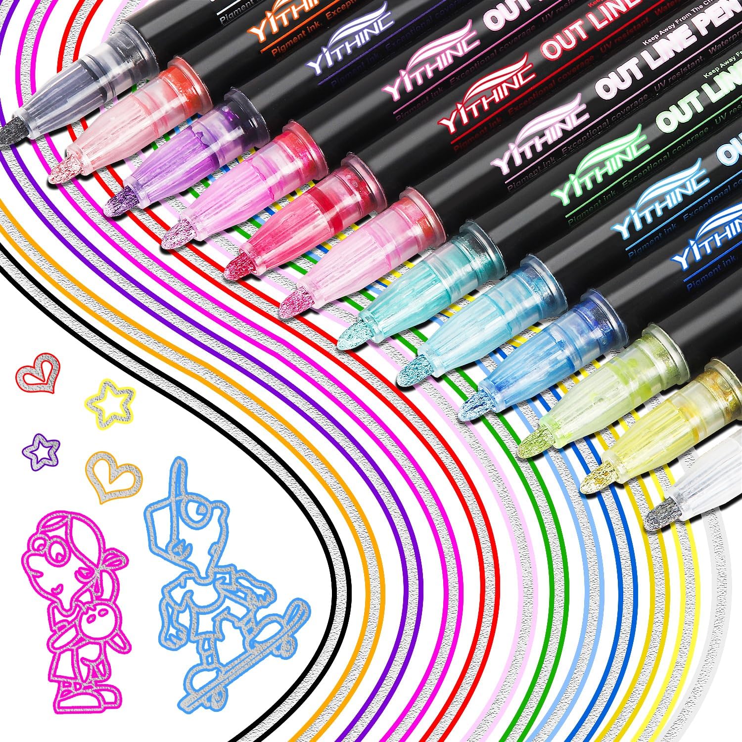 Dreamy Sparkle Dual-Line Contour Pen, 12 Colors Self-Outlining Glitter ...
