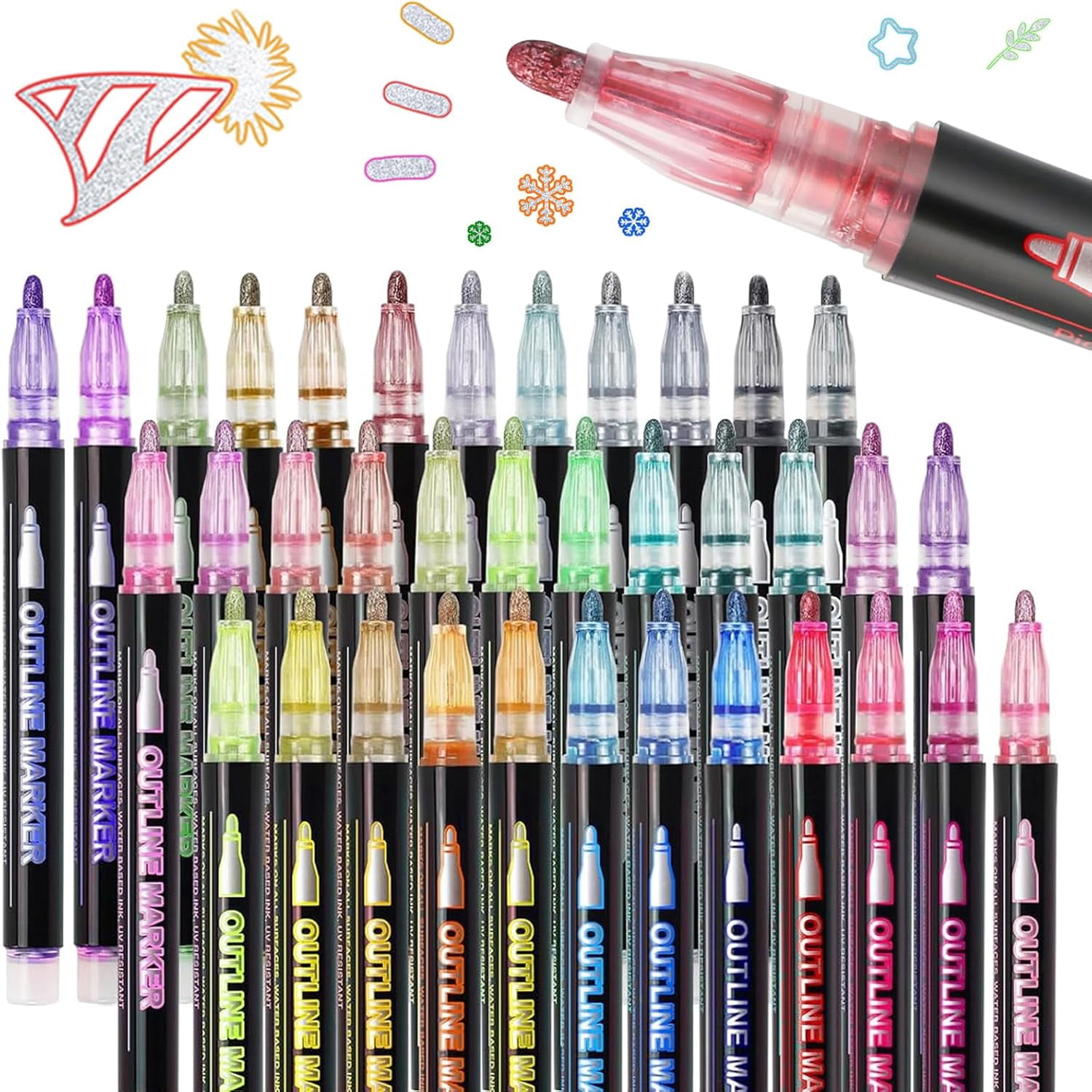 Dreamy Sparkle Dual-Line Contour Pen, 12 Colors Shimmer Metallic Marker ...