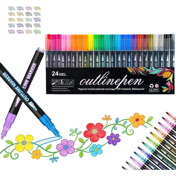 Dreamy Sparkle Dual-Line Contour Pen Set,Metallic Outline Marker with 0 ...