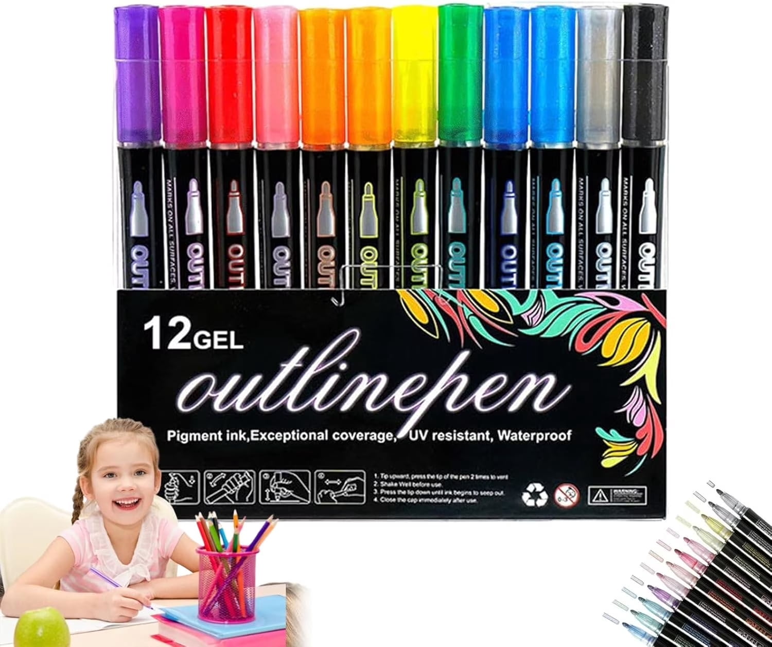 Dreamy Sparkle Dual-Line Contour Pen Set, Metallic Outline Marker with ...