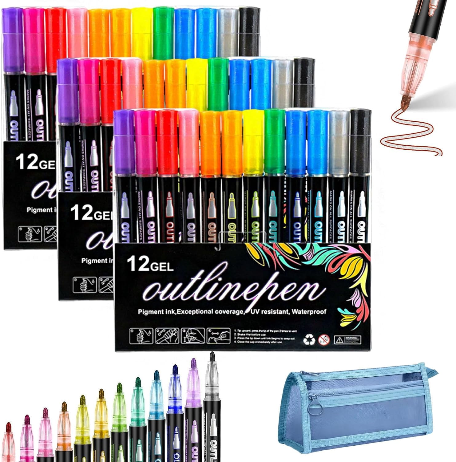 Dreamy Sparkle Dual-Line Contour Pen Set, Metallic Outline Marker with ...