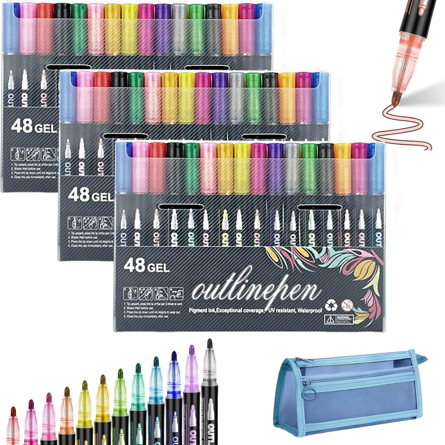 Dreamy Sparkle Dual-Line Contour Pen Set, Metallic Outline Marker with ...