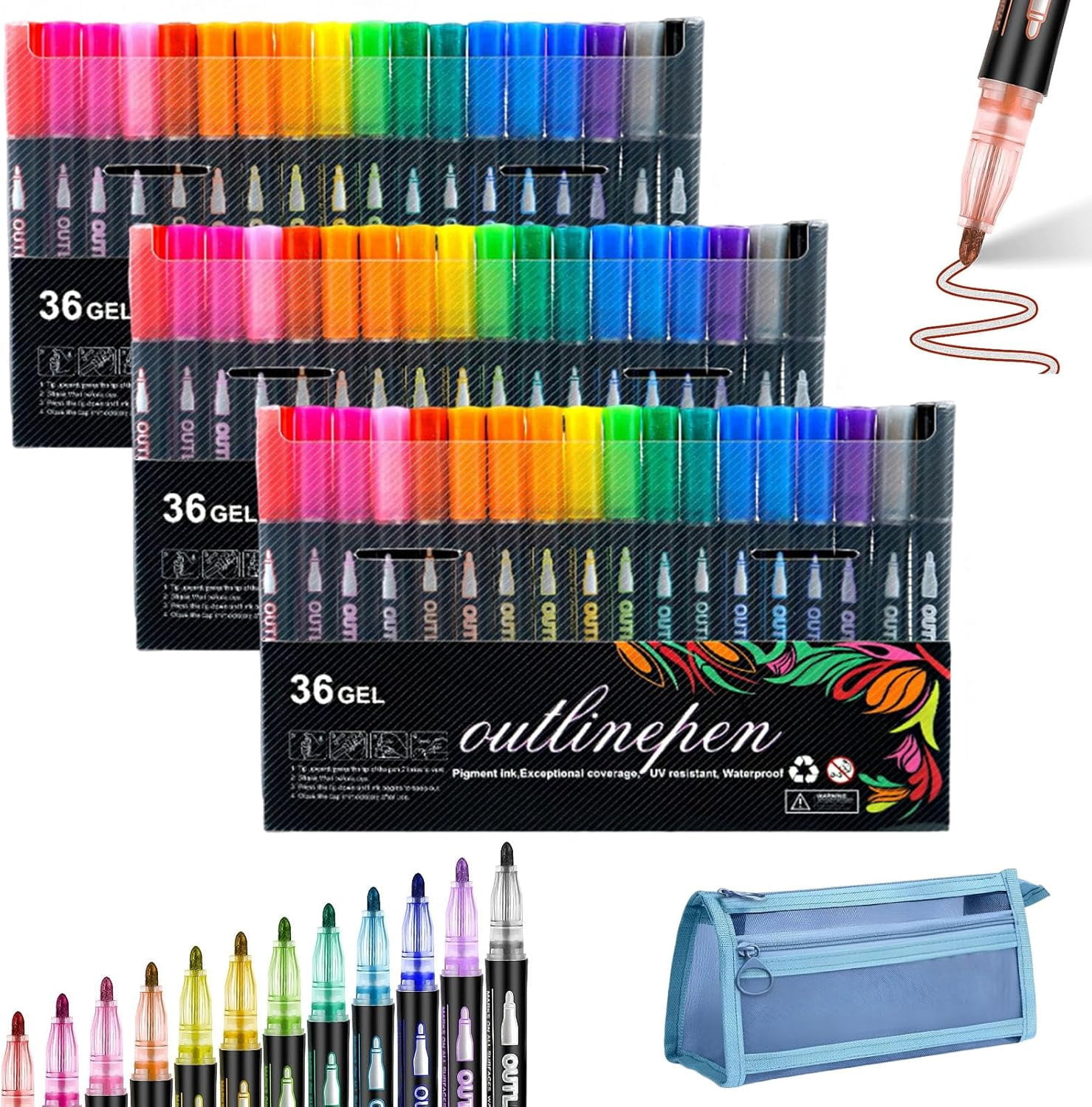 Dreamy Sparkle Dual-Line Contour Pen Set, Metallic Outline Marker with ...