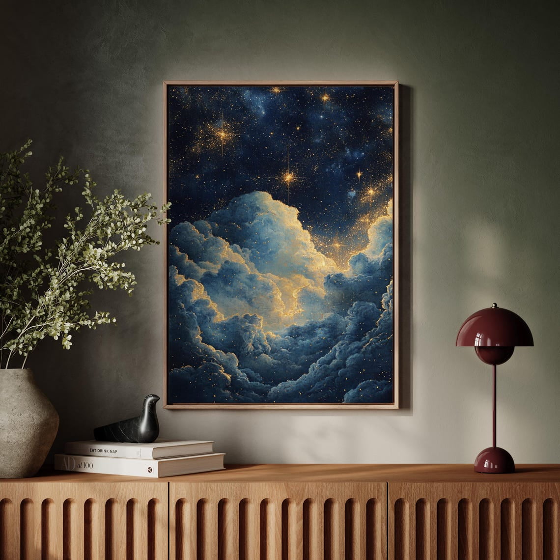 Dreamy Starry Night Sky Art - Illuminated Clouds, Gold Accents, And ...