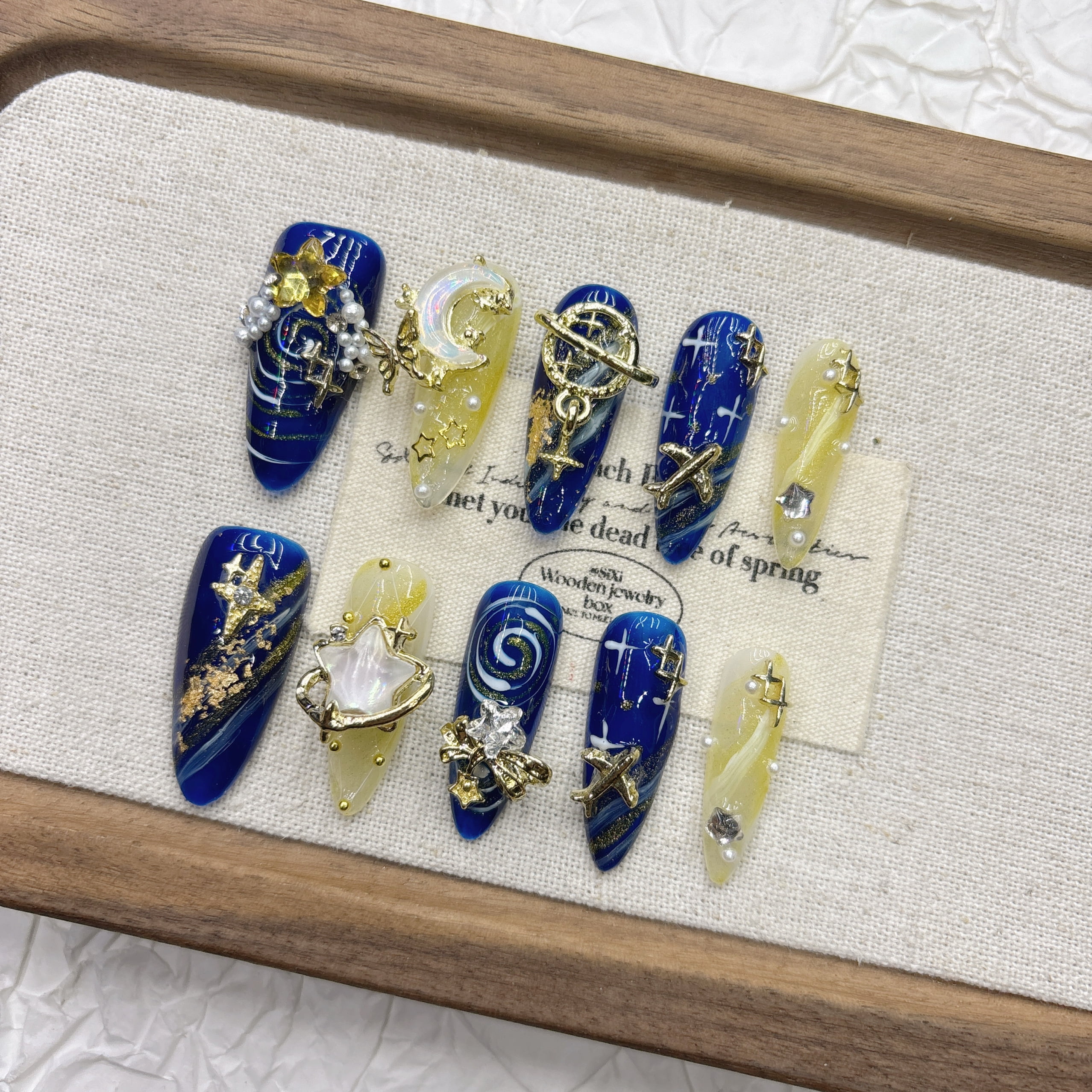 Dreamy Starry Sky Blue Cat Eye Handmade Wearable Nails Medium Length ...