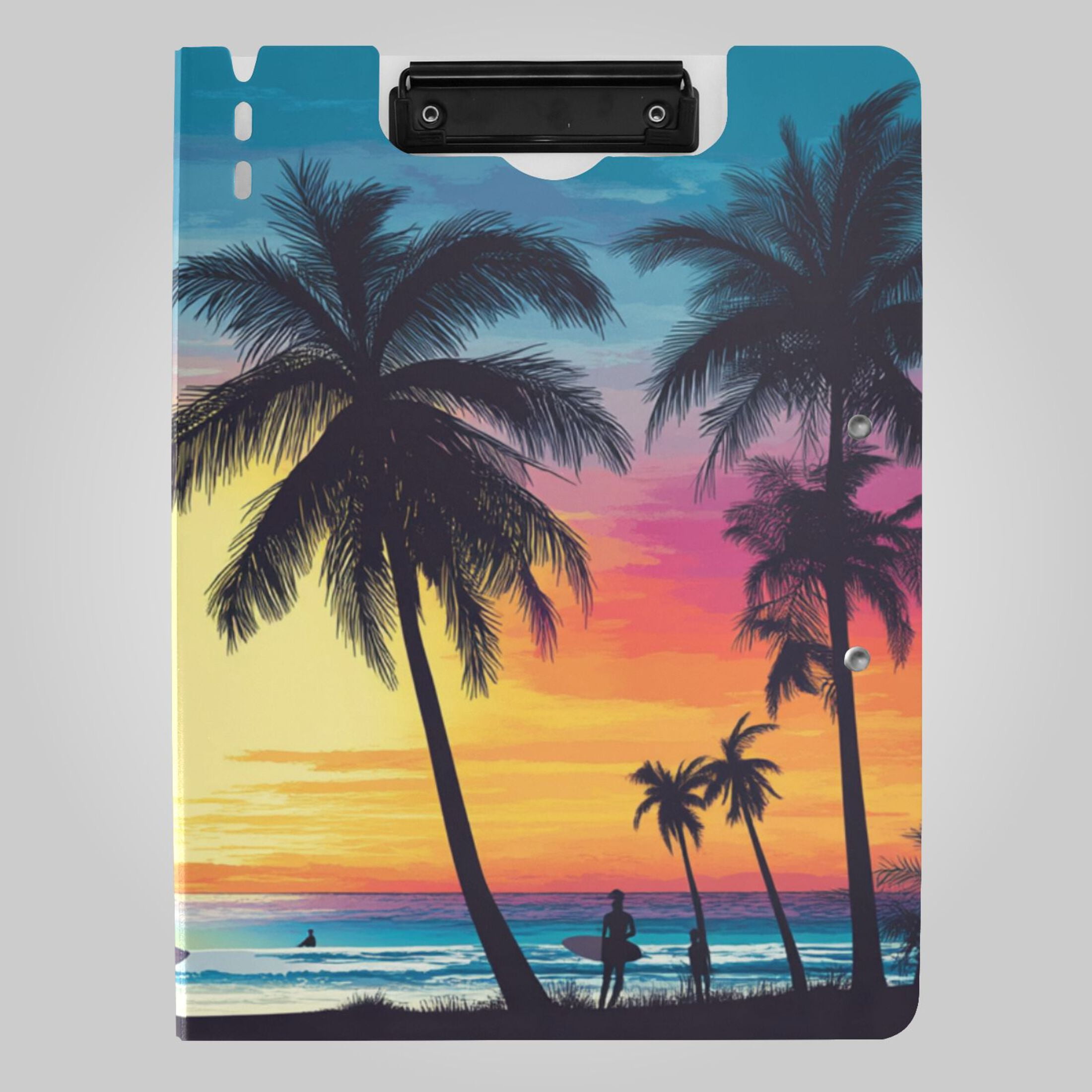 Dreamy Sunset Beach Tropical Trees Foldable Binder Folder Clipboard with Pen Slot Double Clips ...