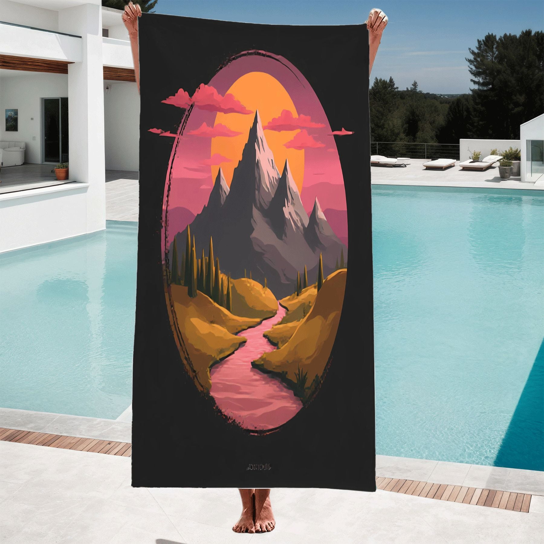 Dreamy Sunset Landscape Bath Towel - Serene Mountain & River Design ...