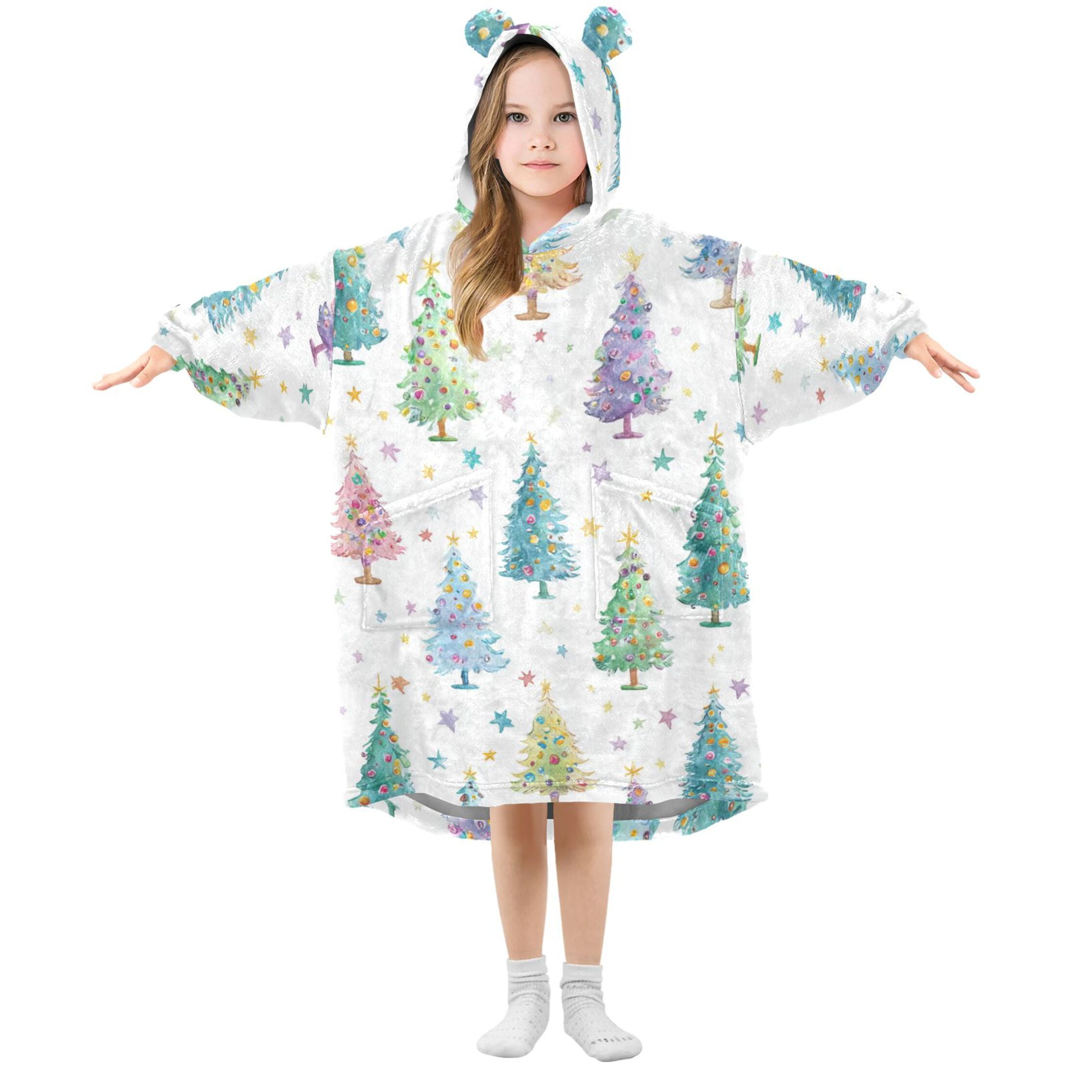 Dreamy Watercolor Christmas Trees with Stars Flannel Wearable Blankets ...