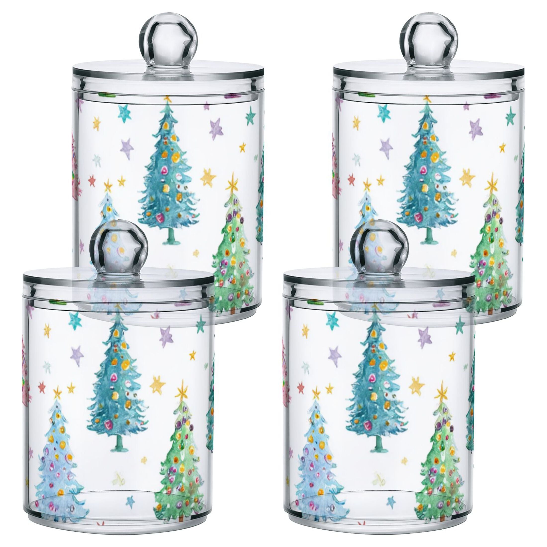 Dreamy Watercolor Christmas Trees with Stars Translucent Plastic Cans ...