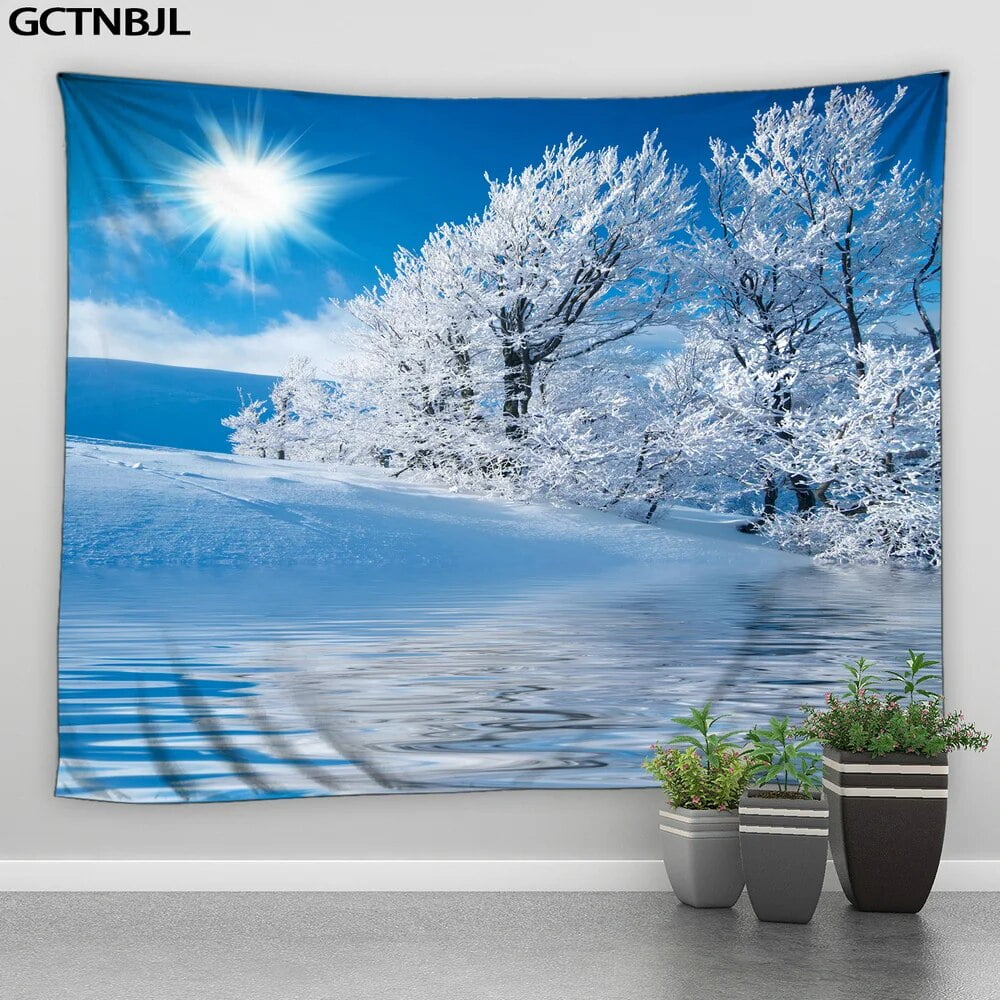 Dreamy Winter Landscape Tapestry Snow Pine Trees Forest Sunset Glow ...