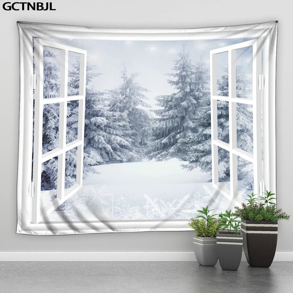 Dreamy Winter Landscape Tapestry Snow Pine Trees Forest Sunset Glow ...