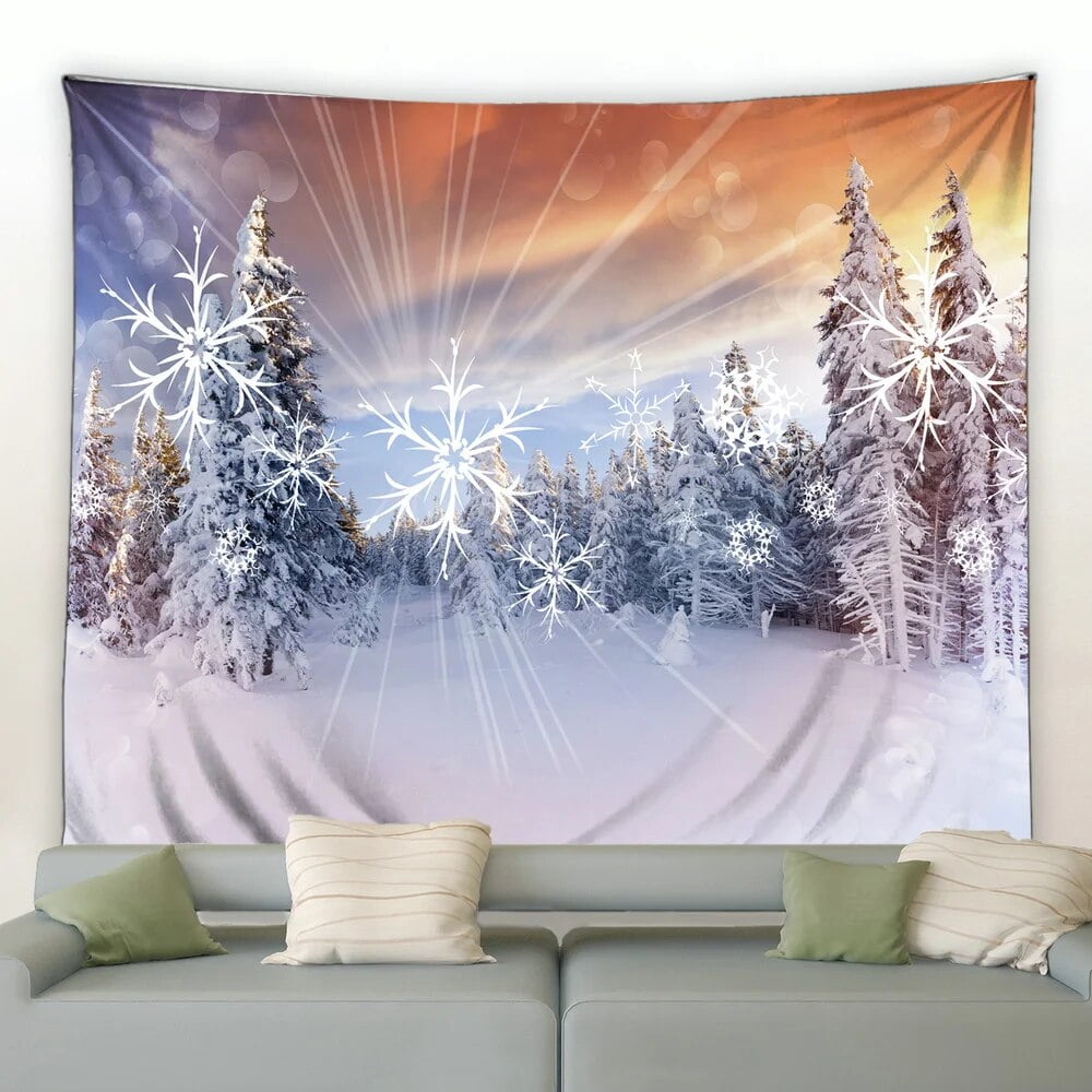 Dreamy Winter Landscape Tapestry Snow Pine Trees Forest Sunset Glow ...