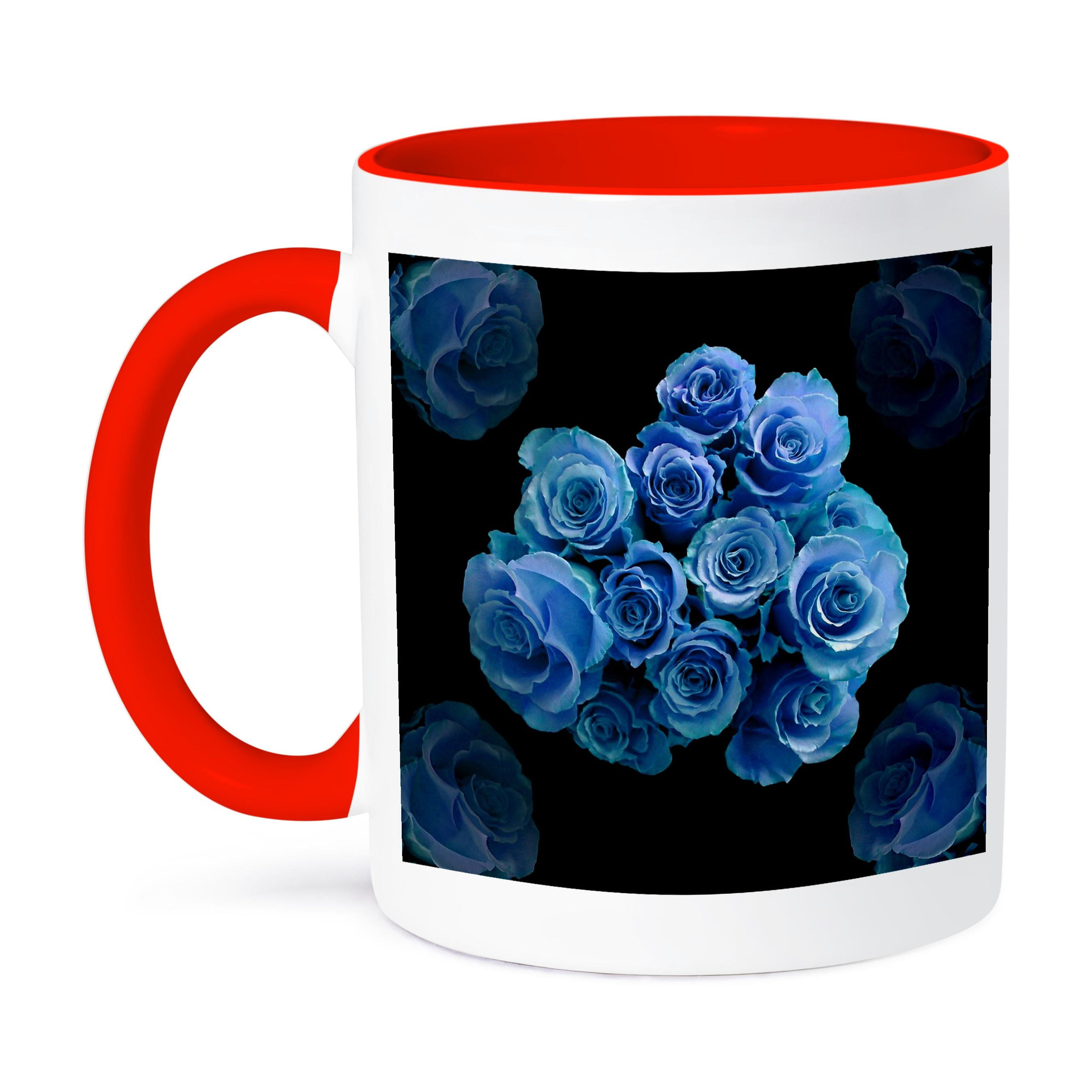 3dRose, Dreamy rich blue rose bouquet surrounded by four roses on black background, 11oz Two ...