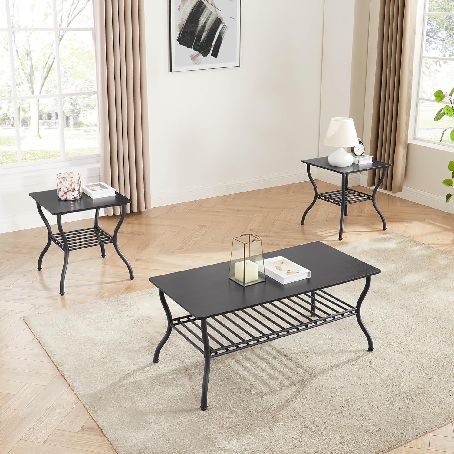 DreamyHM 3-Piece Coffee Table Set, Tempered Glass Surface Living Room ...