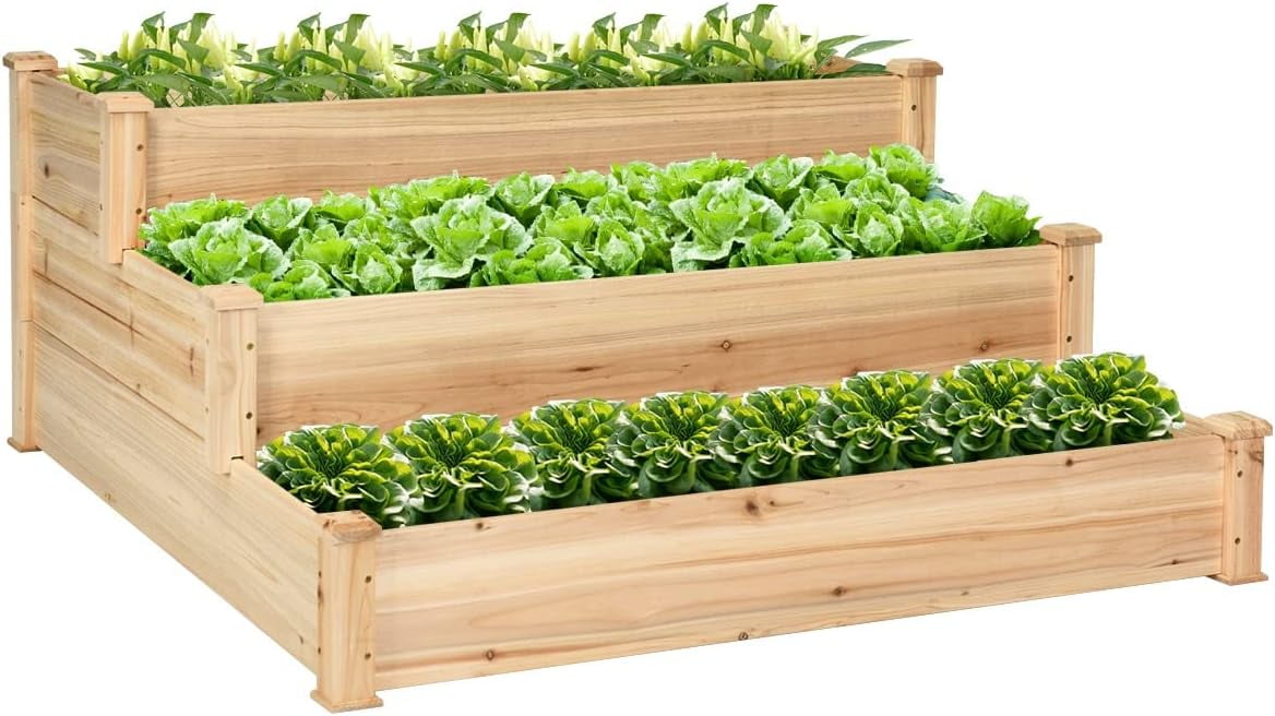 DreamyHM 3-Tier Raised Garden Bed, Wood Elevated Planter Box with 3 ...