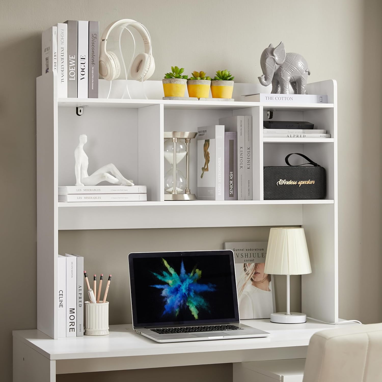 DreamyHM Desktop Bookshelf, Wooden Desk Storage Hutch with 6 Shelves ...
