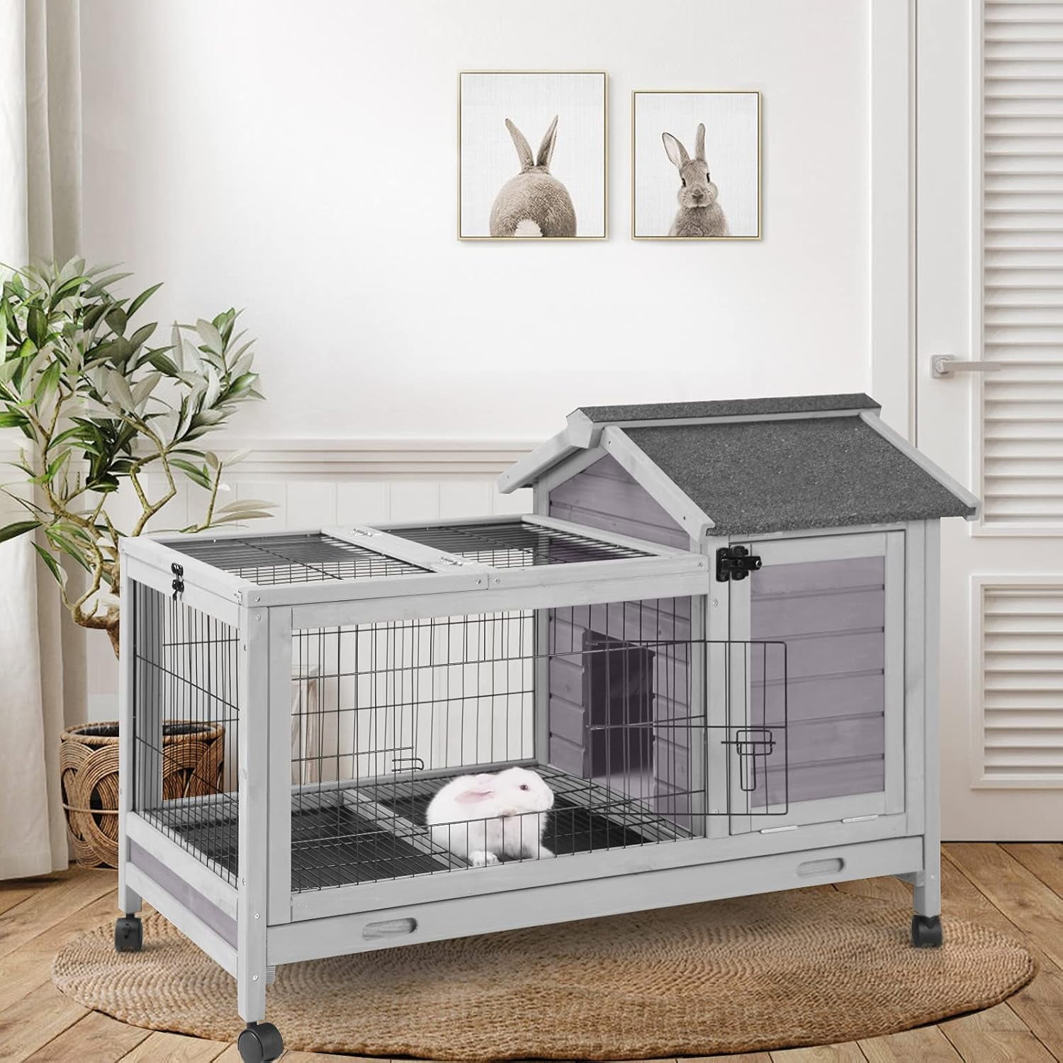 DreamyHM Indoor Outdoor Rabbit Cage Bunny Cage with Run,No Leak Pull ...