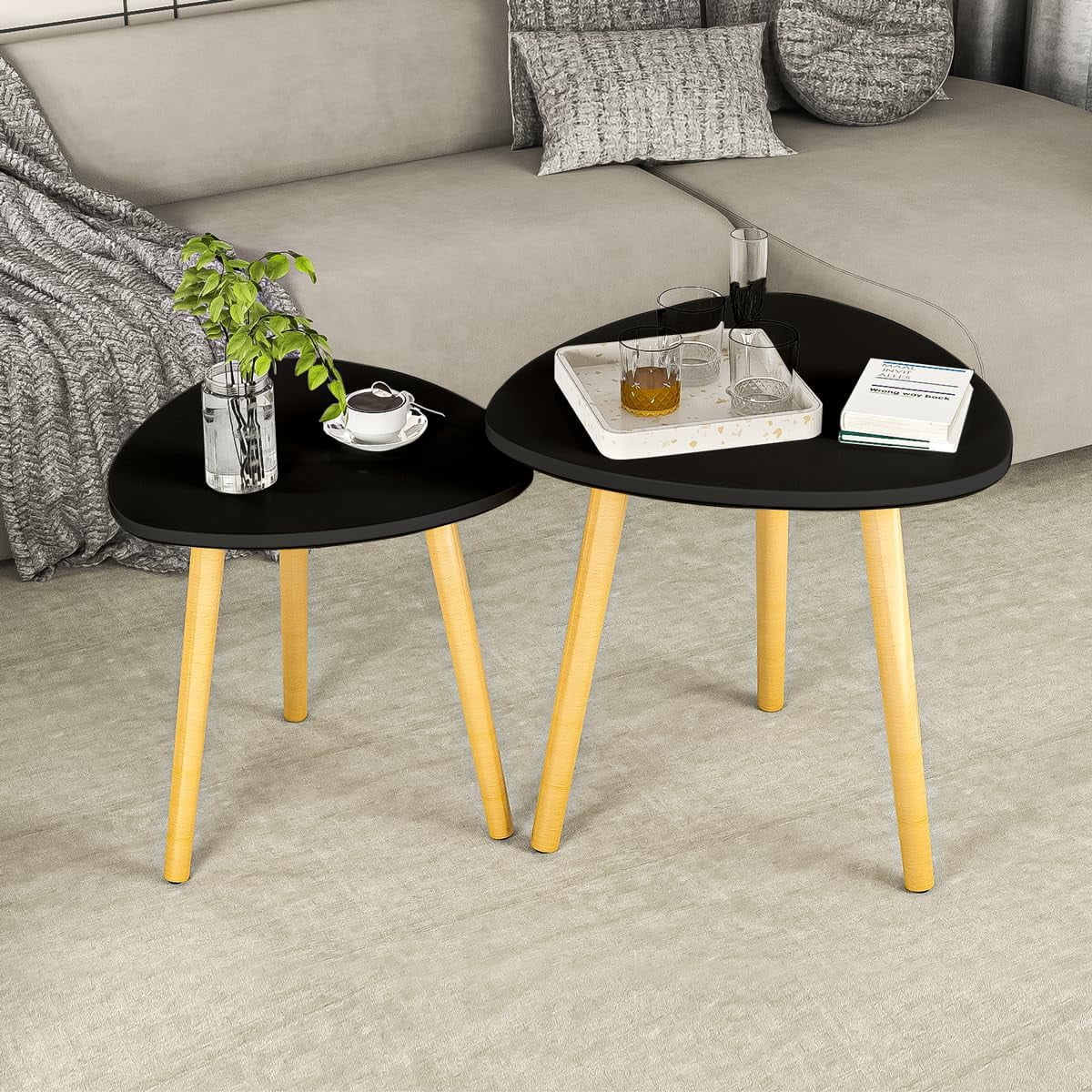 DreamyHM Modern Semi-Nesting Table with Wooden Legs Set of 2 - Triangle ...