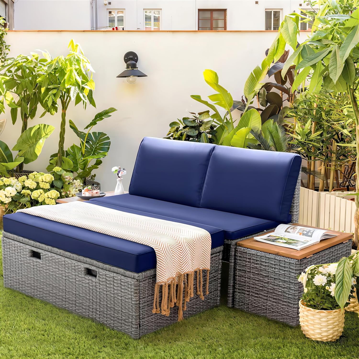 DreamyHM Outdoor Daybed Set Multifunctional Wicker Lounge Bed Furniture ...