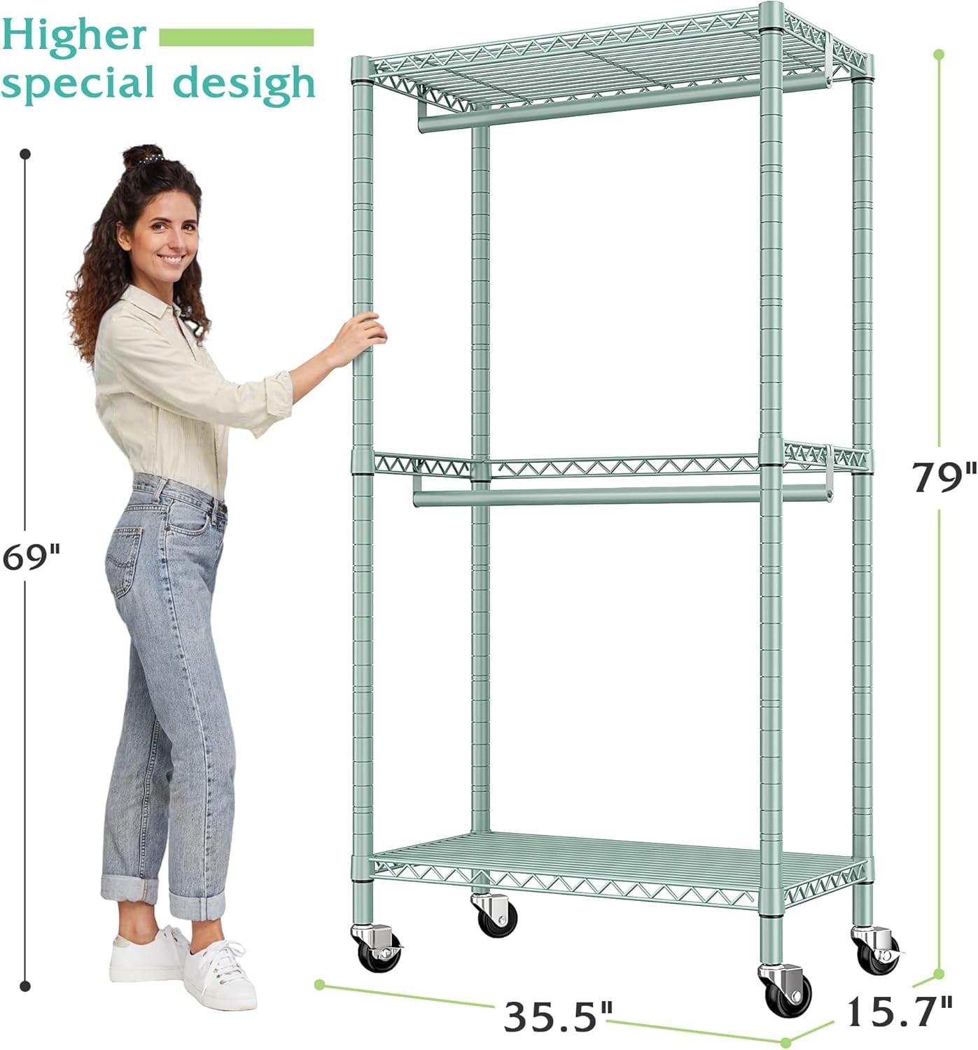 DreamyHM Rolling Clothes Rack Heavy Duty for Hanging Clothes Adjustable ...