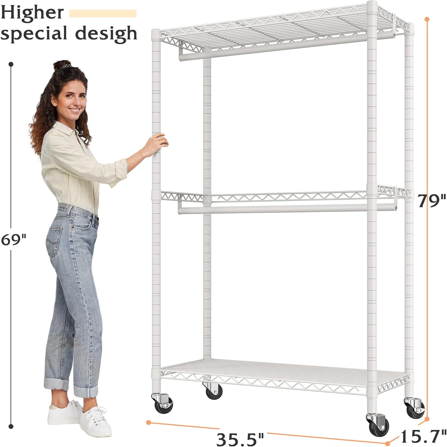 DreamyHM Rolling Garment Rack with Wheels Portable Clothes Rack for ...