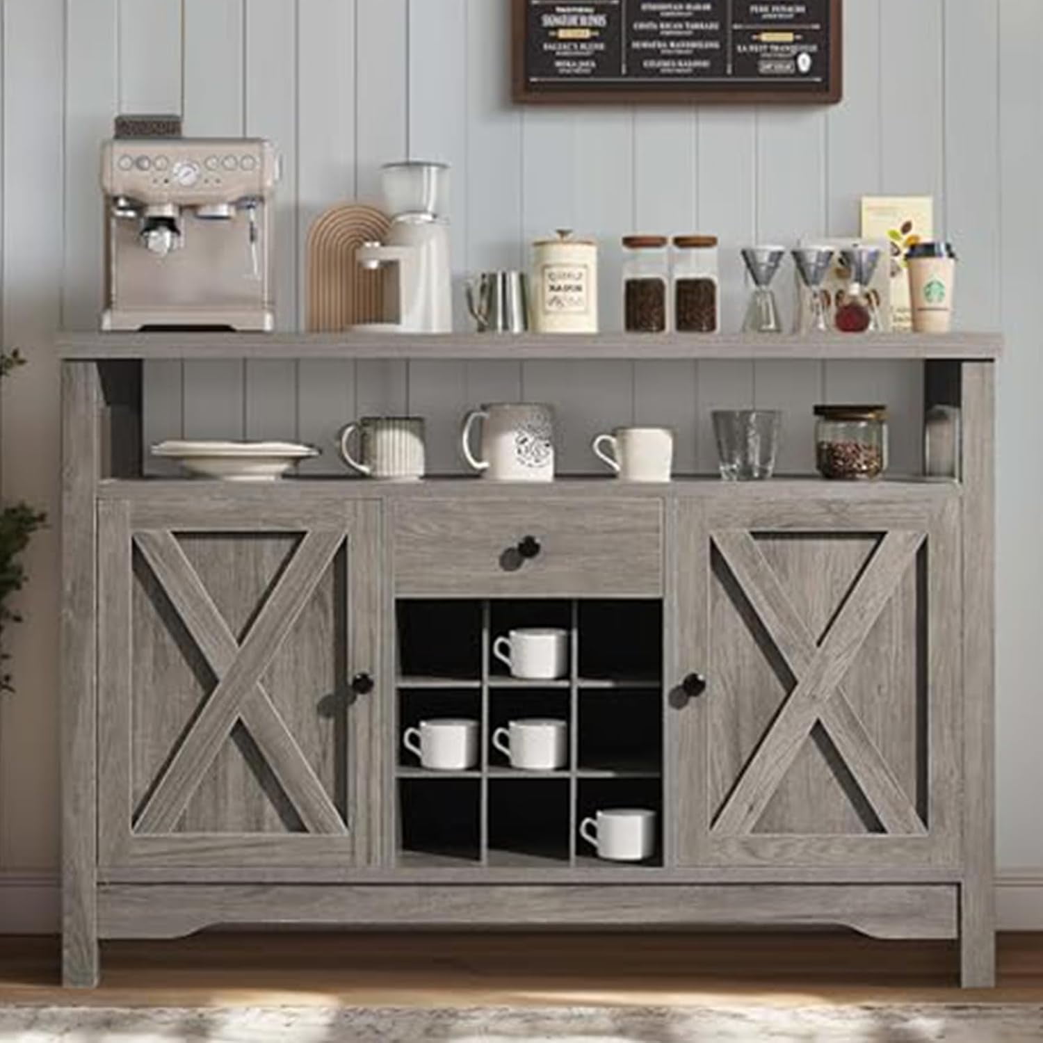 DreamyTrendy Coffee Bar Cabinet with Storage, 47” White Coffee Station ...
