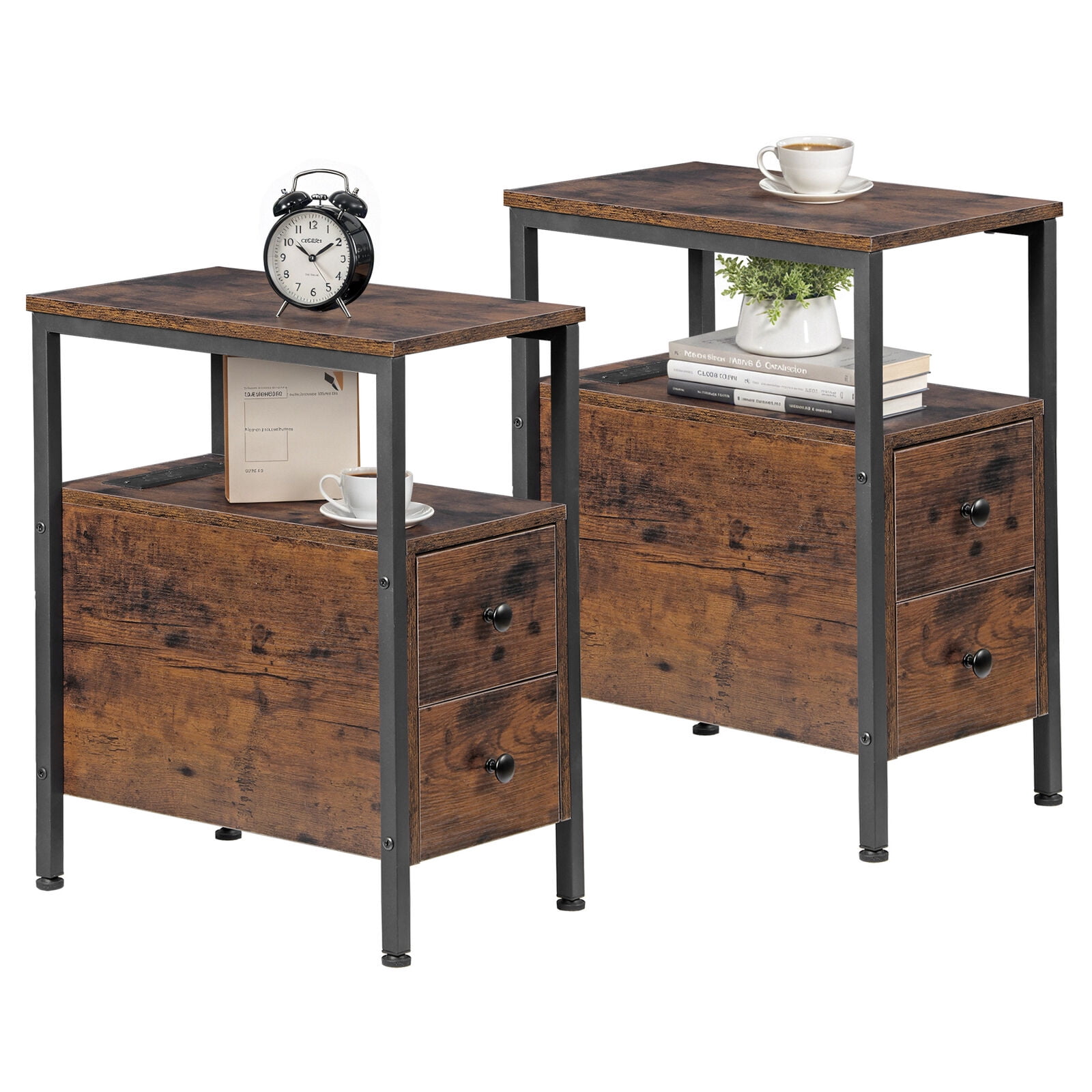 DreamyTrendy End Table with Power Outlet, Wood Narrow Side Table with 2 ...