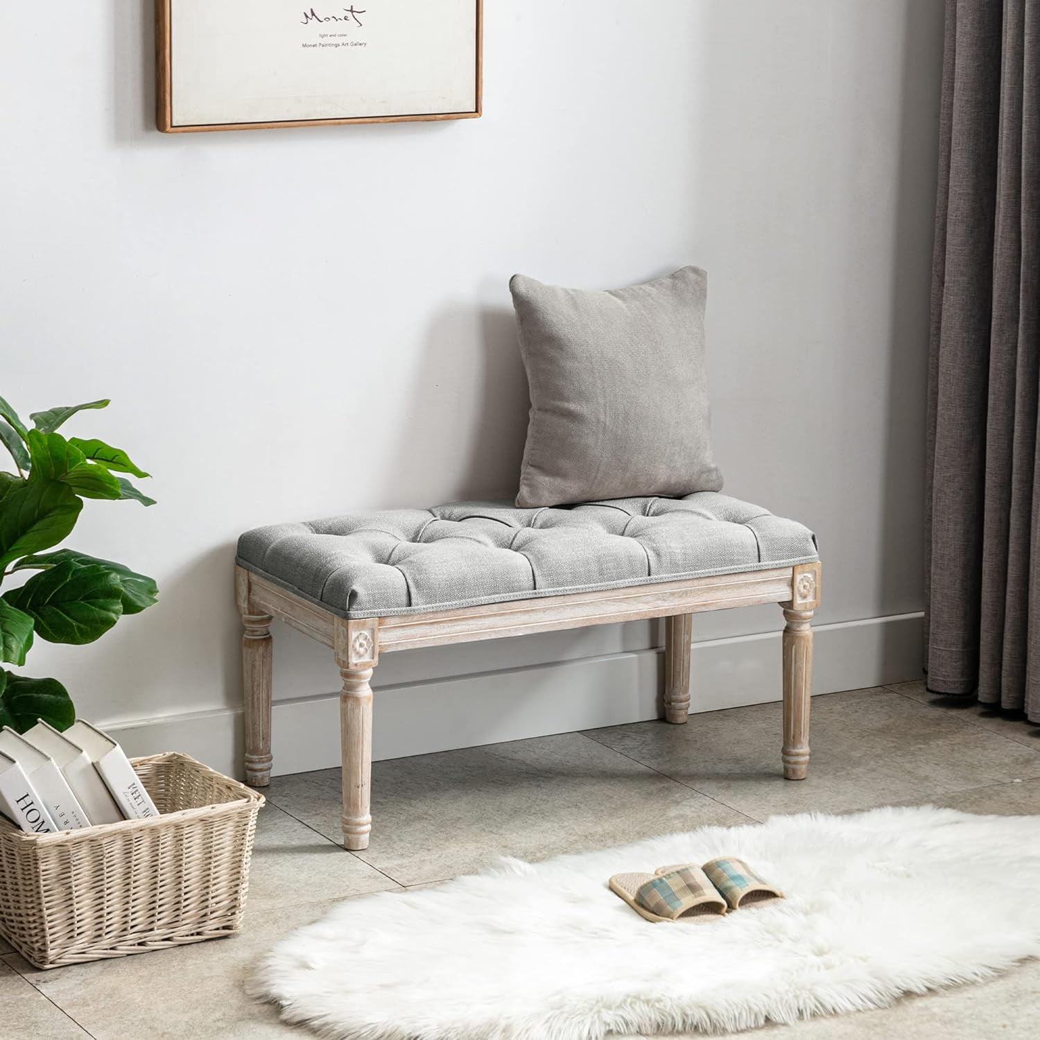 DreamyTrendy Entry Bench Linen Fabric Foot Stool Small Ottoman Seat ...