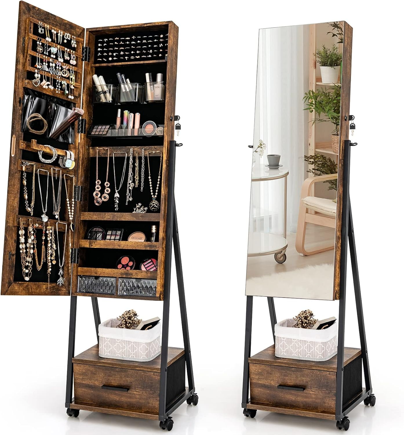 DreamyTrendy Rolling Jewelry Cabinet with Full Length Mirror, Lockable ...