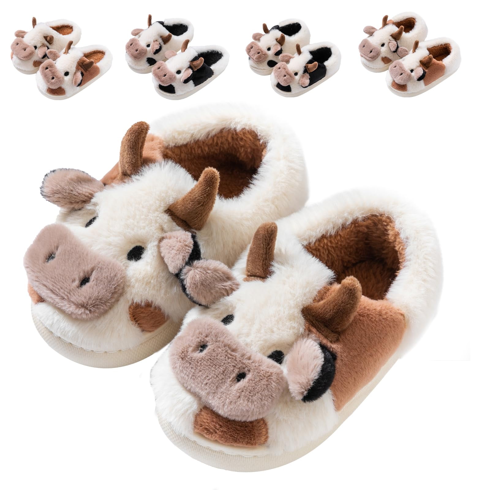 Drecage Toddler Boys Girls Cute Cow Slippers Kids Non-Slip Fuzzy ...