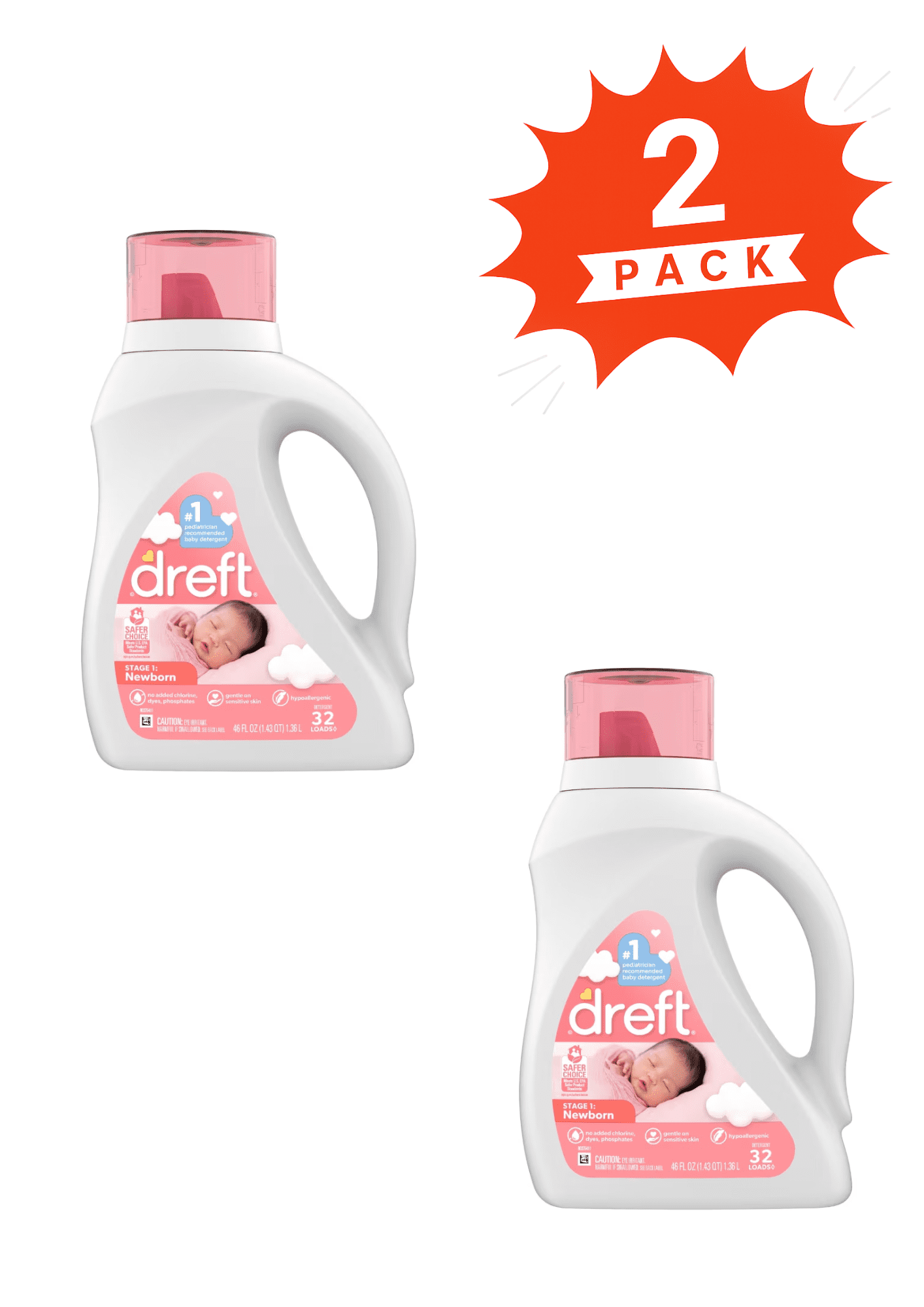 Dreft Newborn Baby Liquid Laundry Detergent (Pack 2) - 64 Loads, 92fl ...
