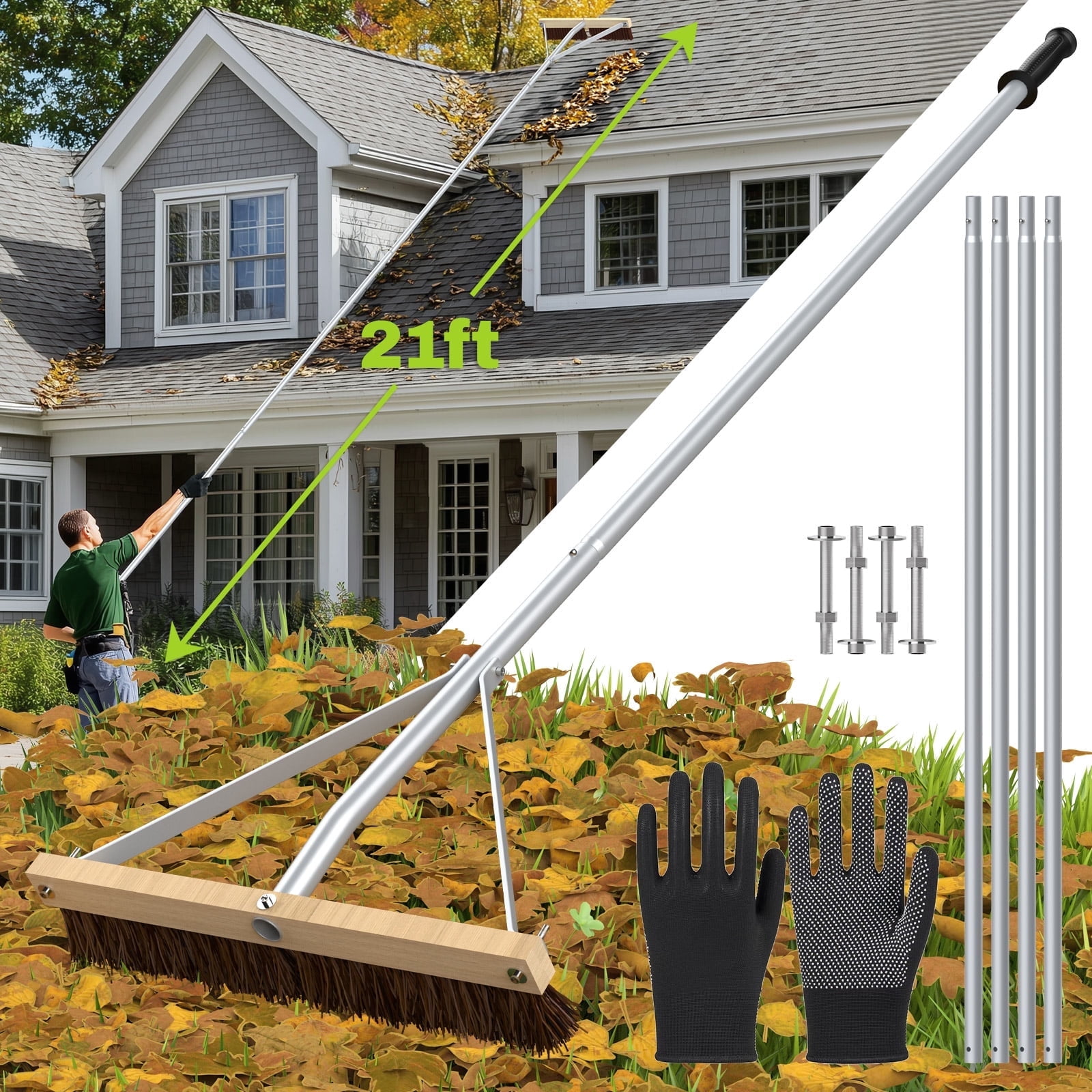 Dreizack Leaf Roof Brush with Gloves, 21 FT Extendable Roof Cleaning ...