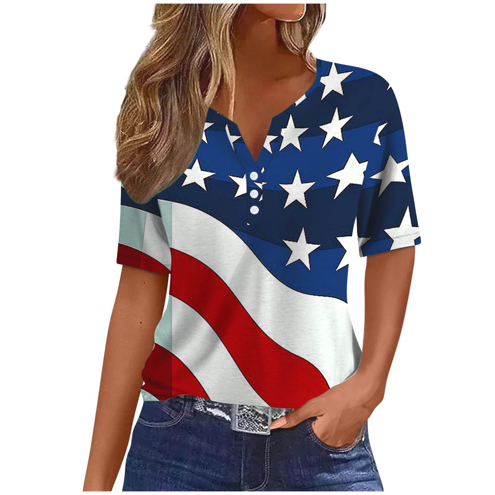 Dreluolixuan Independence Day Shirts Women Short Sleeve Tees V Neck ...