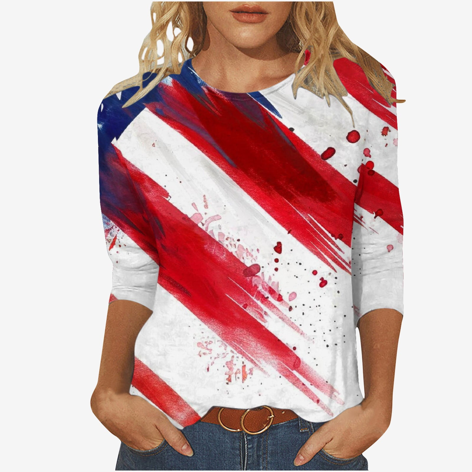 Dreluolixuan Patriotic Shirts for Women Plus Size 3/4 Sleeve Tees ...