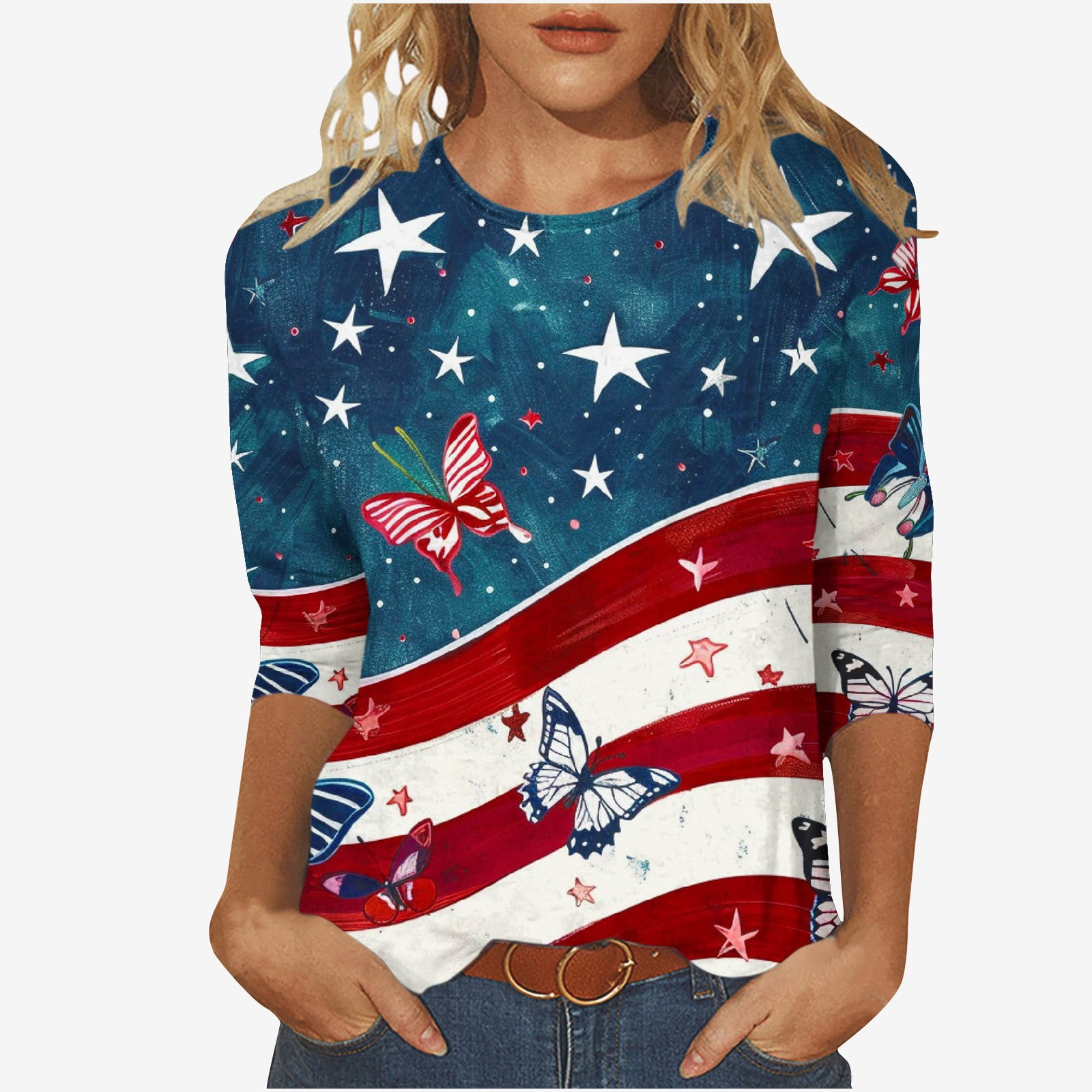 Dreluolixuan Patriotic Shirts for Women Tunic 3/4 Sleeve Tees Crewneck ...
