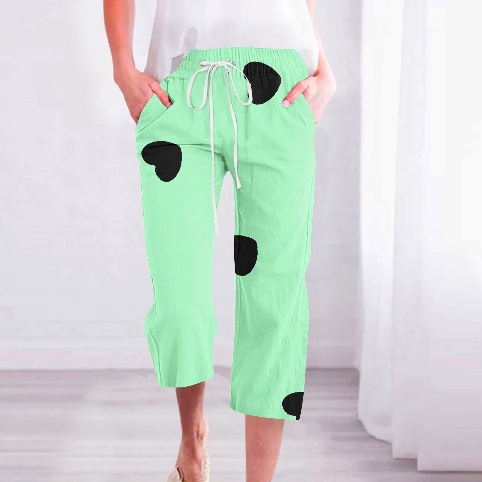 Dreluolixuan Wide Leg Capris For Women Straight Leg Pants Casual Loose Drawstring Waist Trousers