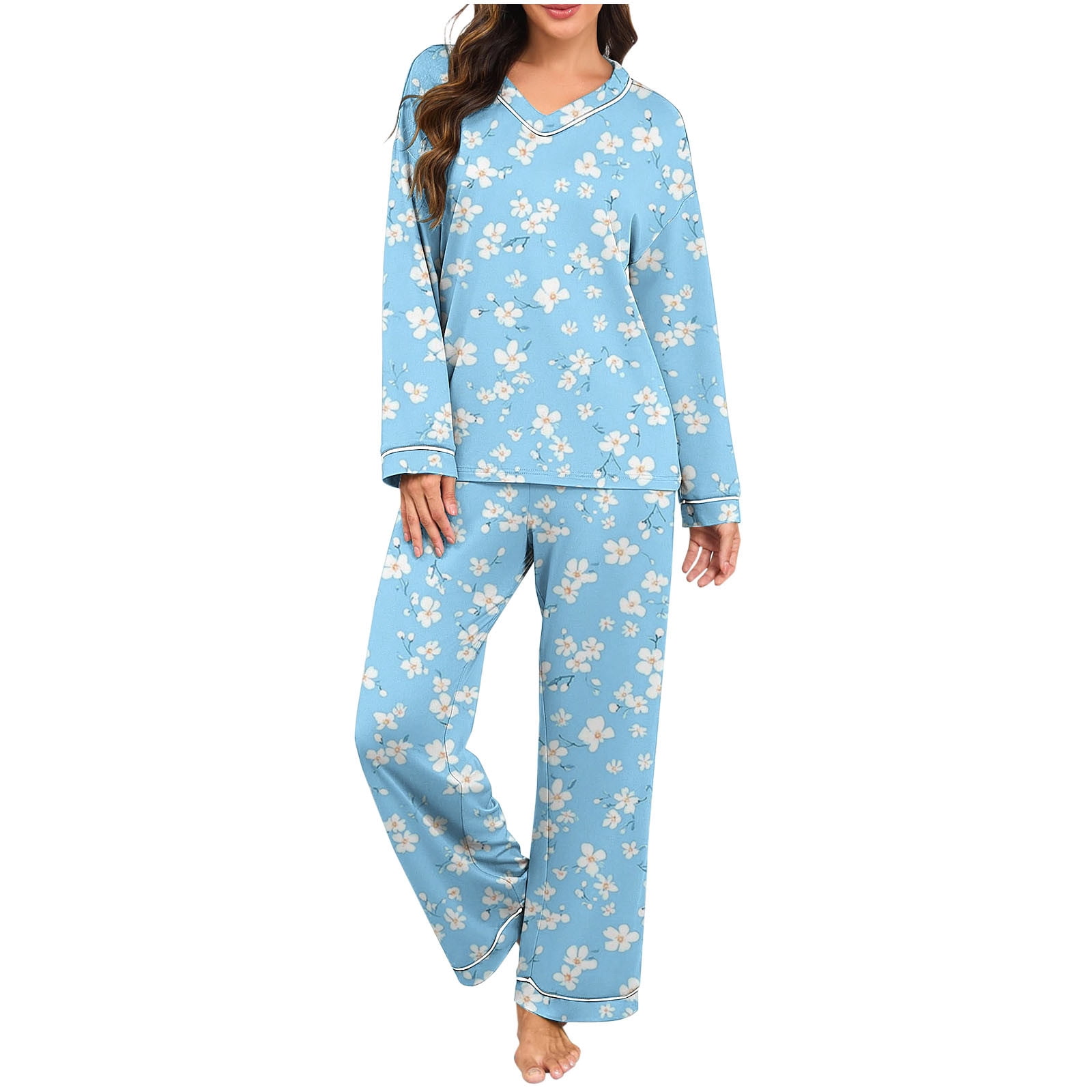 Dreluolixuan Womens Pajamas Long Sleeve V Neck Soft Top Wide Leg ...