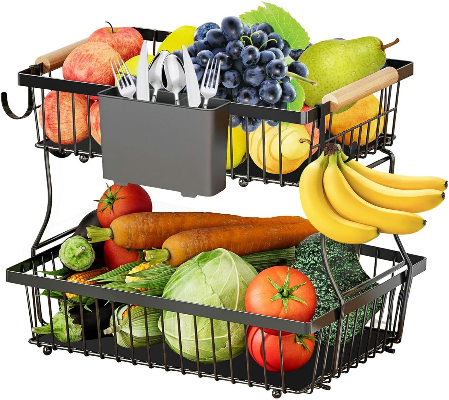 DremFaryoyo 2 Tier Fruit Basket for with 4 Banana Hangers and 1 Storage ...