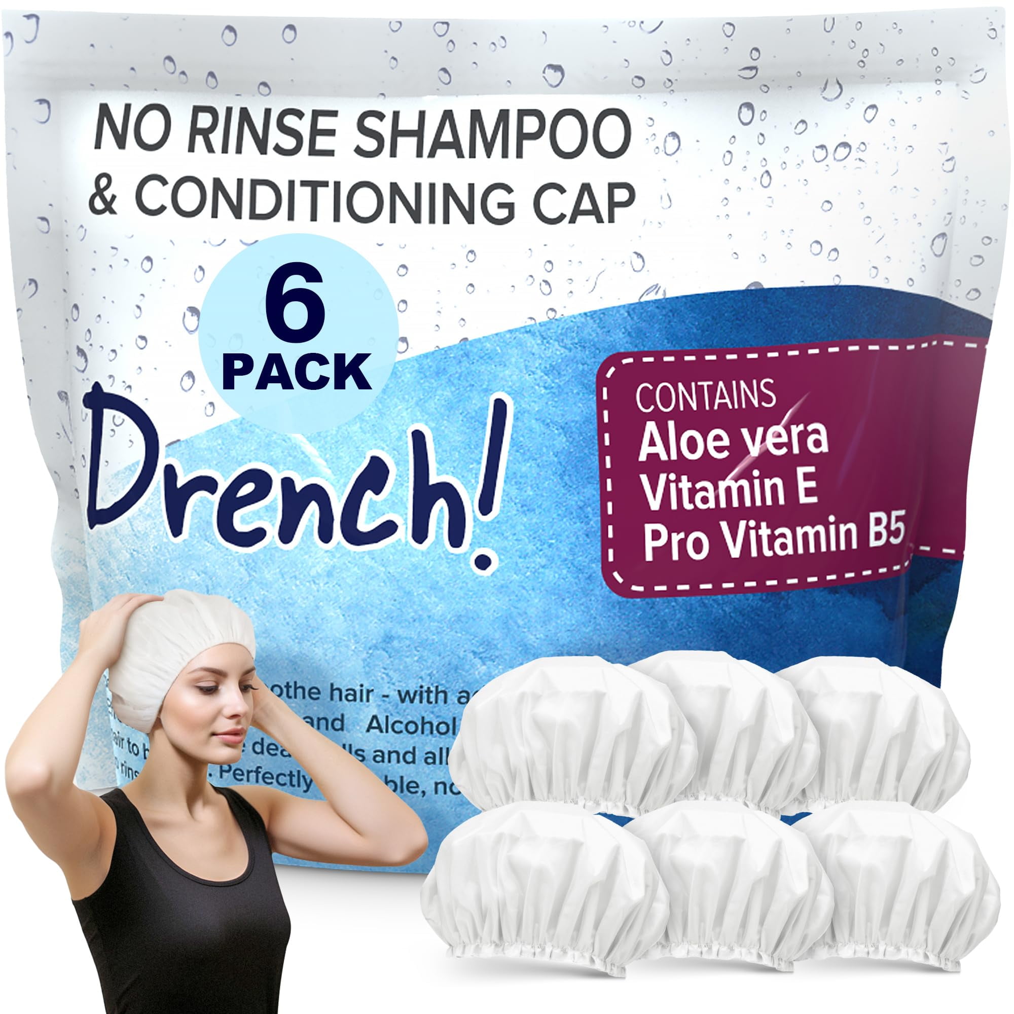 Drench! Waterless Shampoo Caps with Aloe Vera - Dry Hair Washing Aids ...